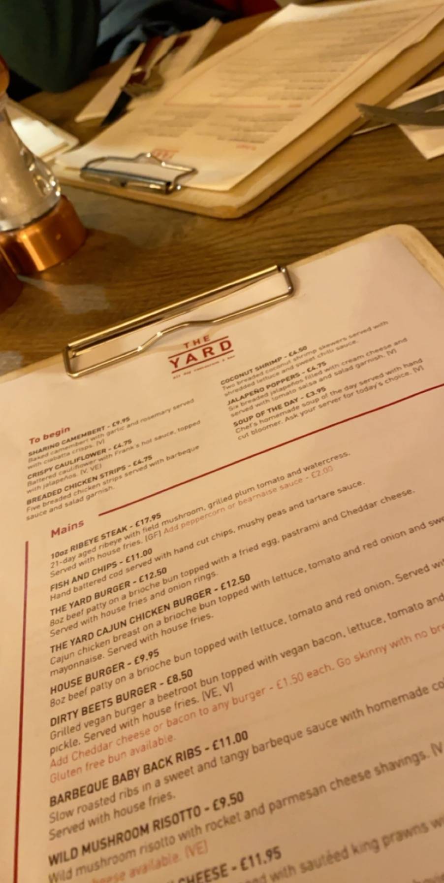 Menu at The Yard restaurant, Derby, Pride Park Stadium