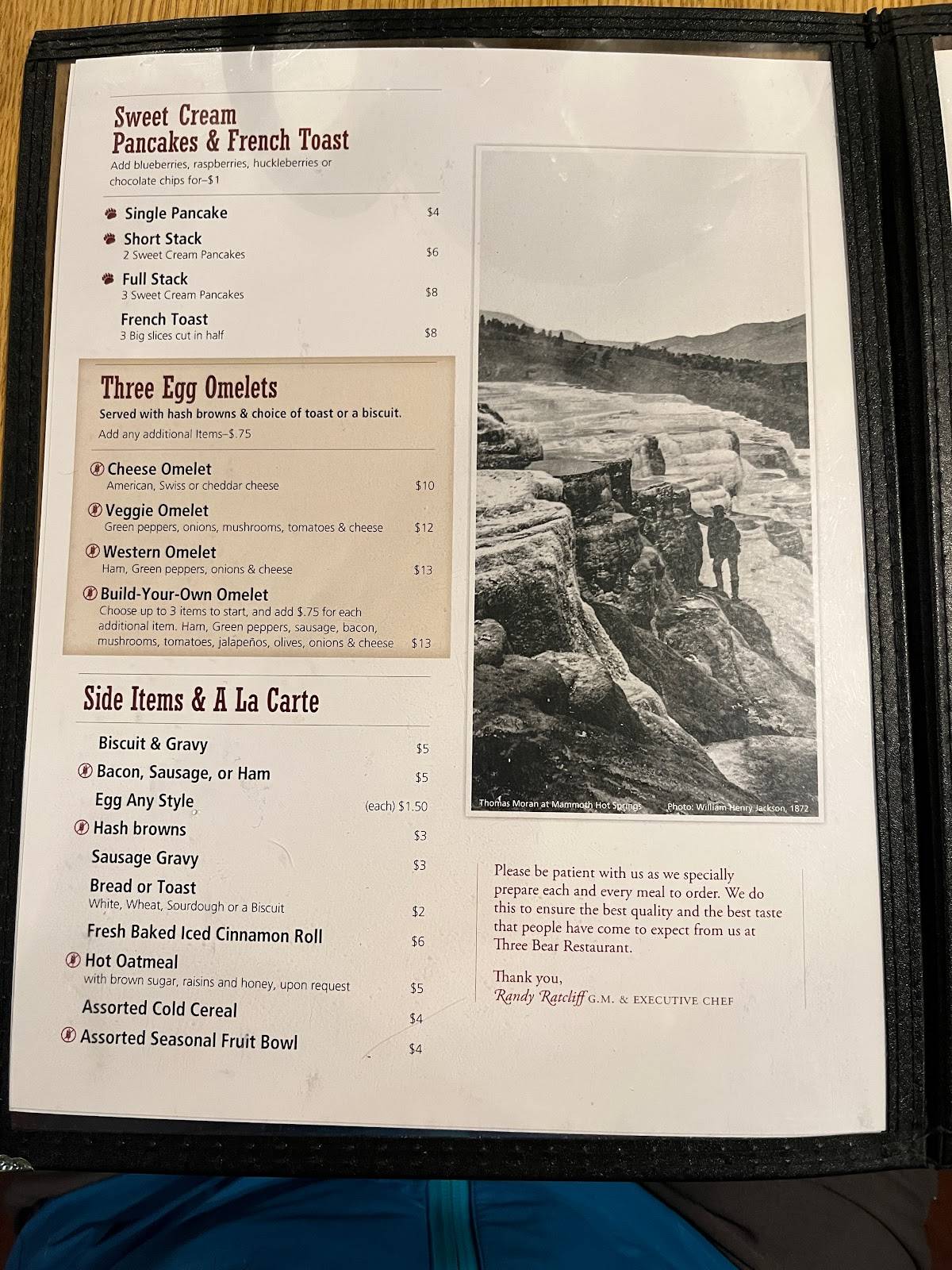 Menu at Three Bear Restaurant, West Yellowstone