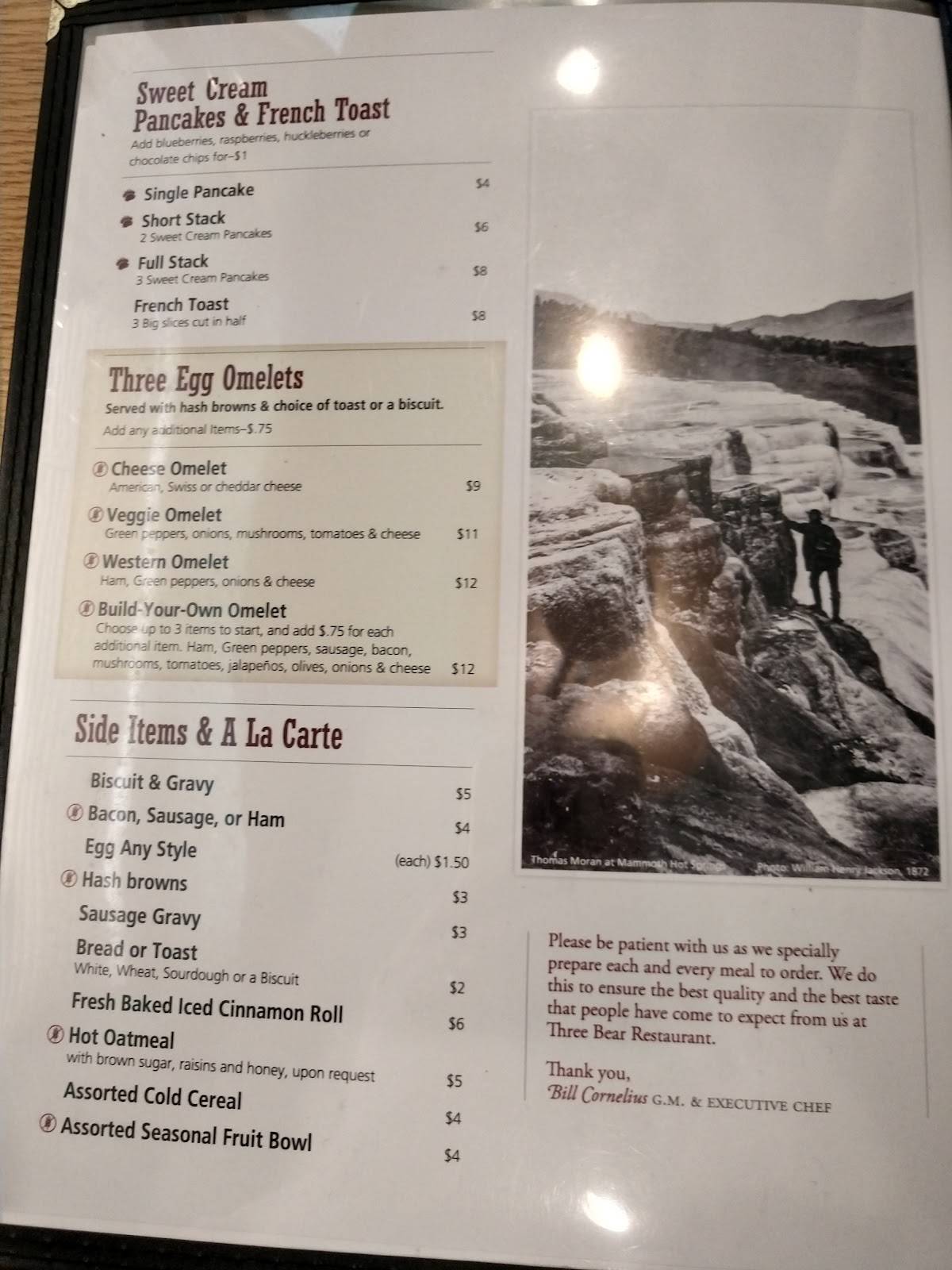 Menu at Three Bear Restaurant, West Yellowstone