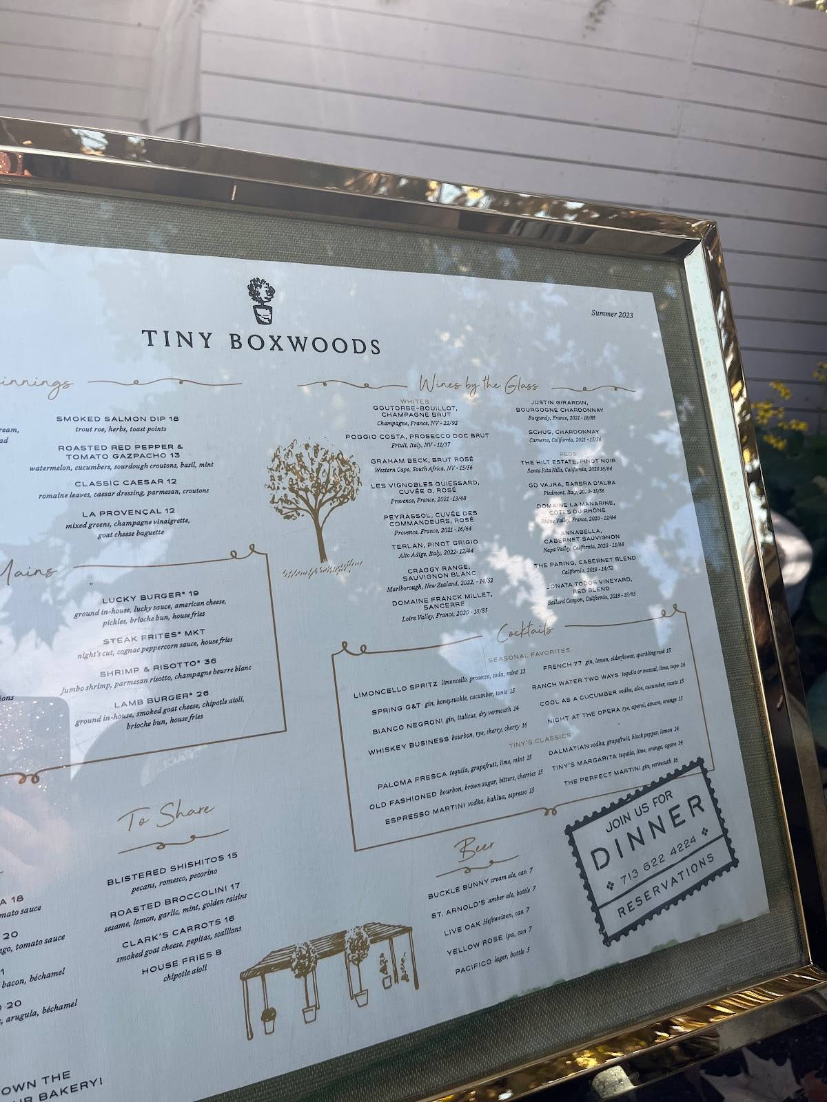 Menu at Tiny Boxwoods restaurant, Houston