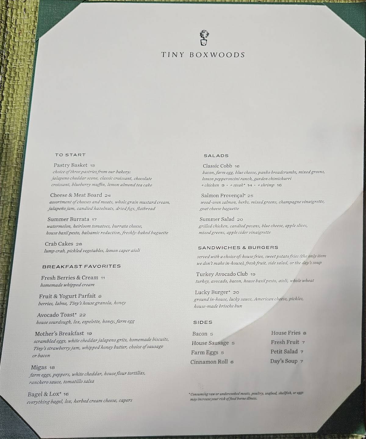 Menu at Tiny Boxwoods restaurant, Houston