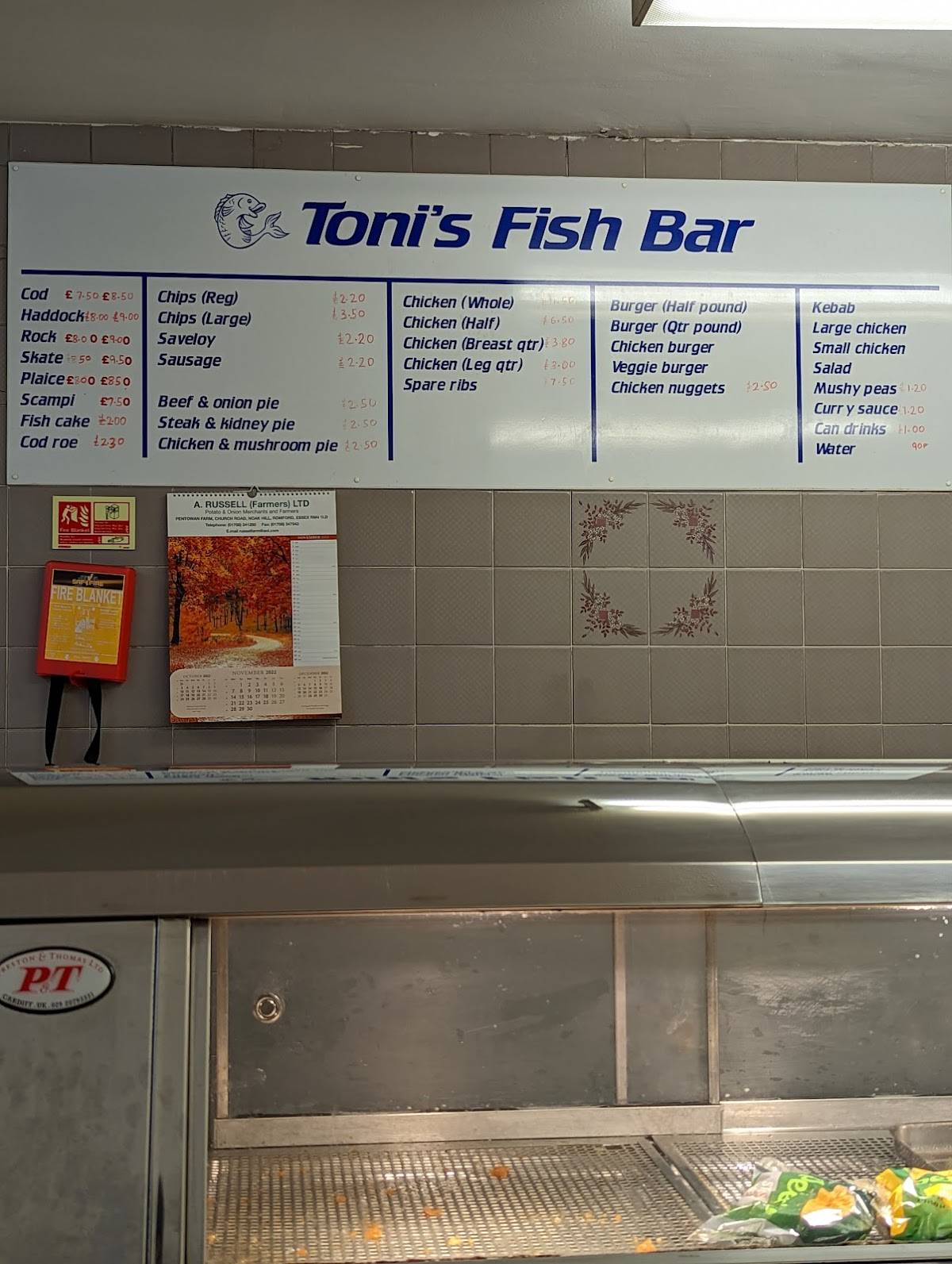 Menu at Toni's Fish Bar, Woodford