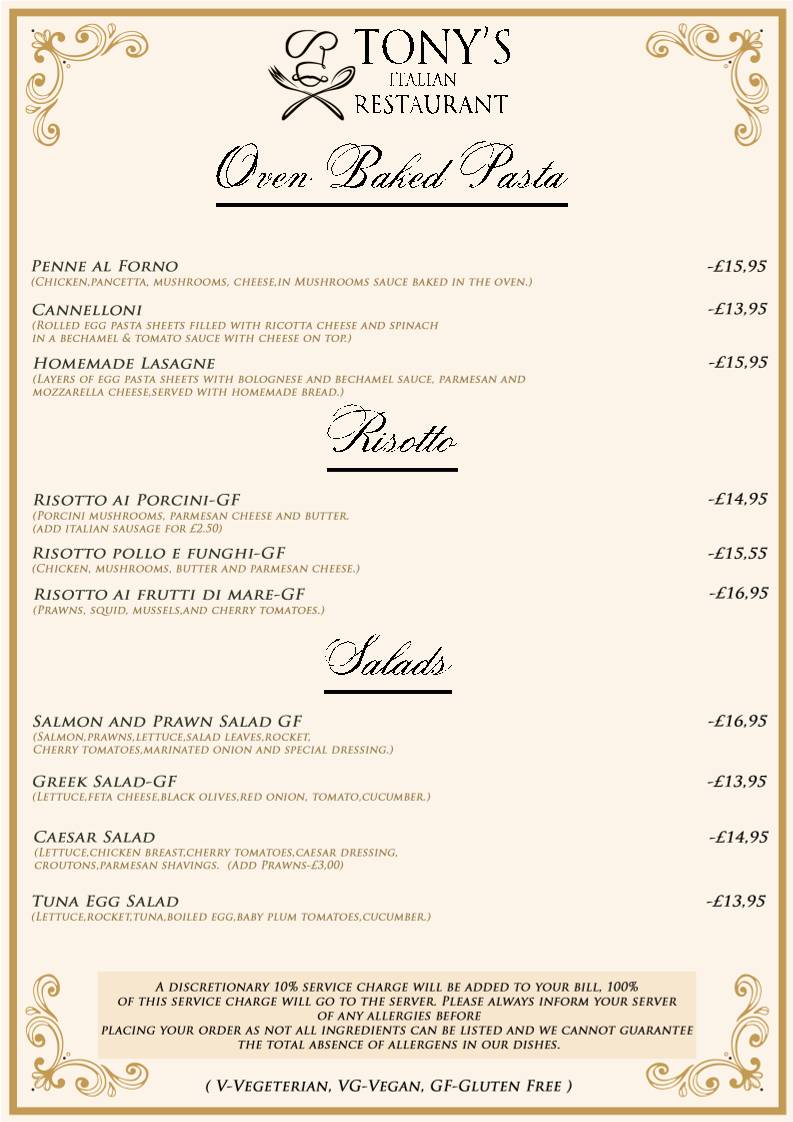 Menu at Tony's Italian Restaurant, Wickford