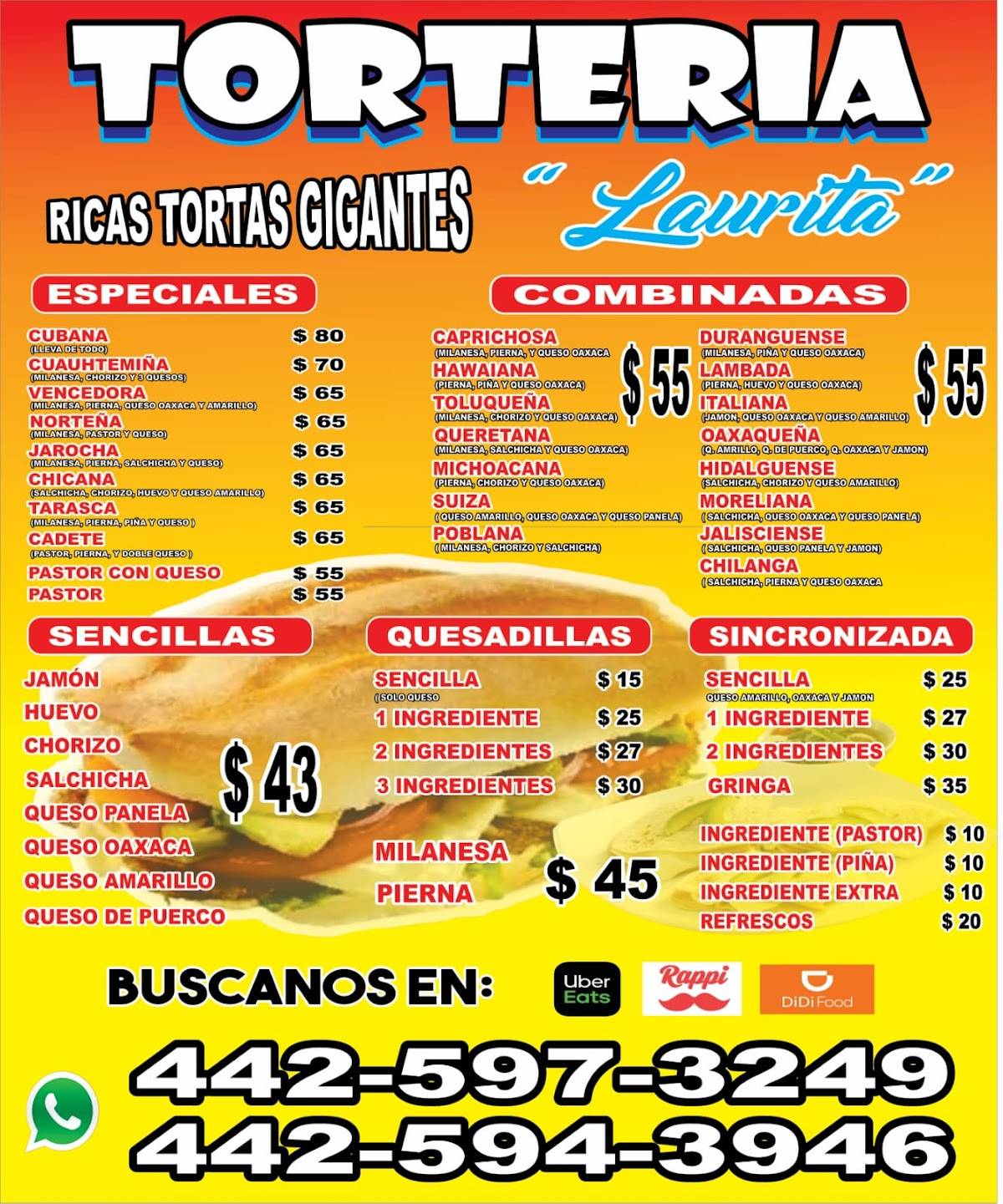 Menu at Tortas tacos y carnitas laurita restaurant, Santiago de Querétaro