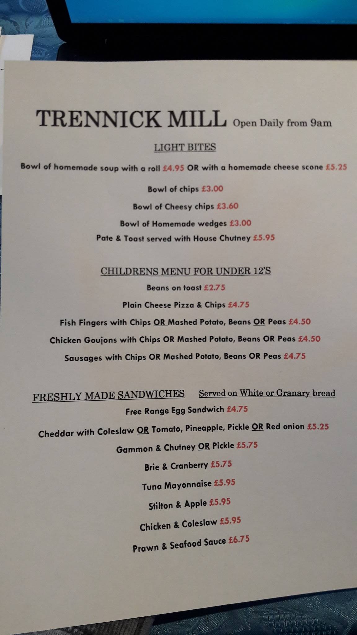 Menu at Trennick Mill restaurant, Truro