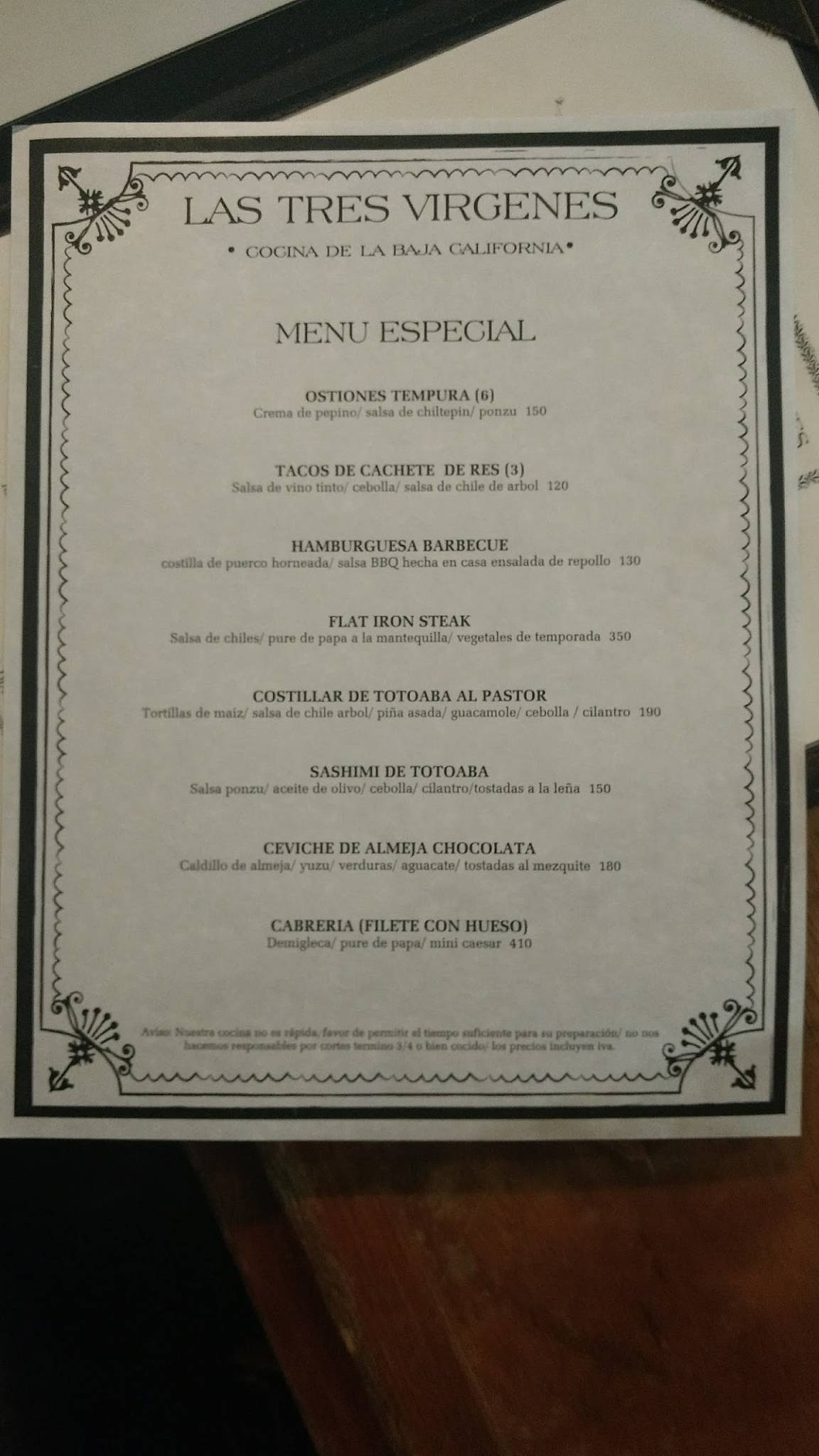 Menu at Tres Virgenes restaurant, La Paz