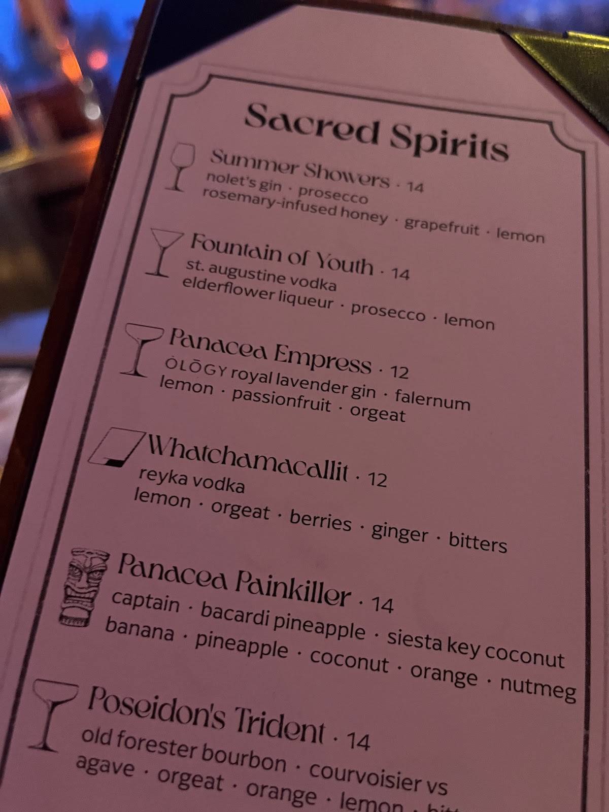 Menu at Trident restaurant, Panacea