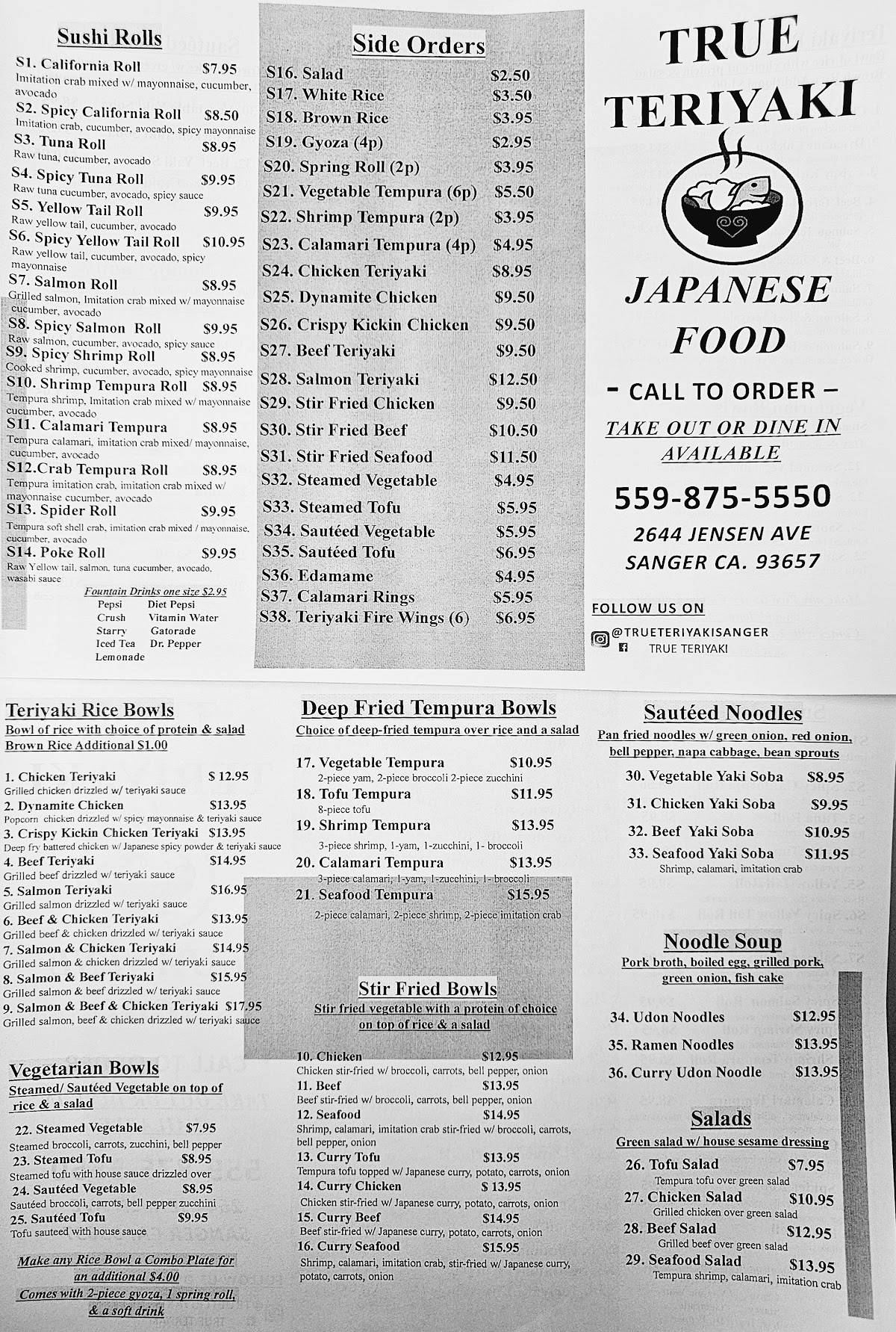 Menu at True Teriyaki restaurant, Sanger