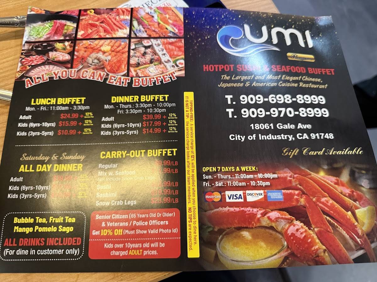 Menu at Umi Hotpot Sushi & Seafood Buffet restaurant, City of Industry