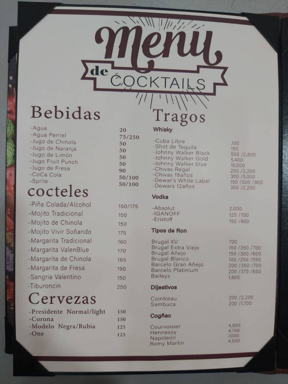 Menu at Valentino Restaurant, Moca