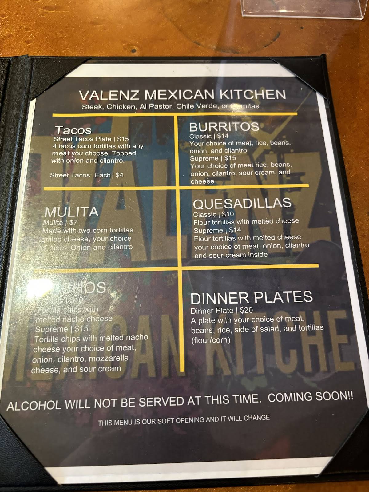 Menu at Valenz Mexican kitchen restaurant, Cameron Park