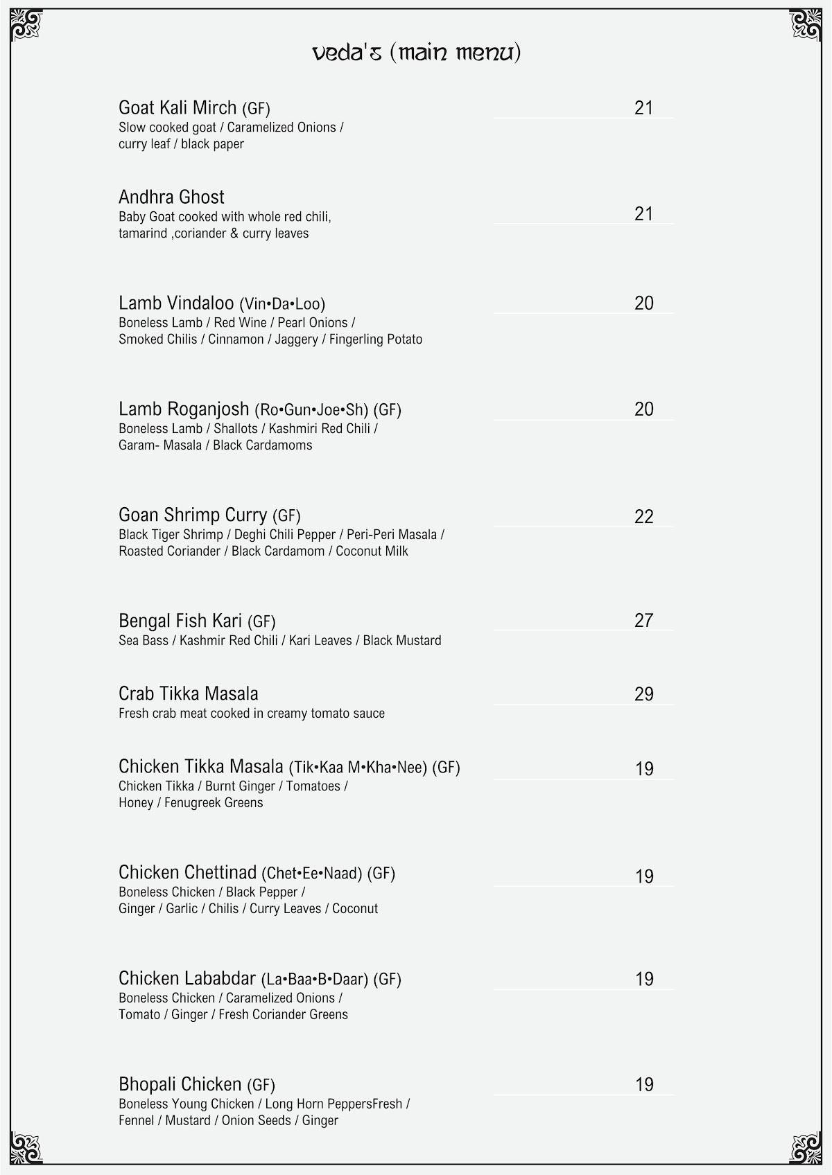 Menu at Veda Tenafly NJ Indian BYOB NJ Restaurant (Contemporary Indian ...