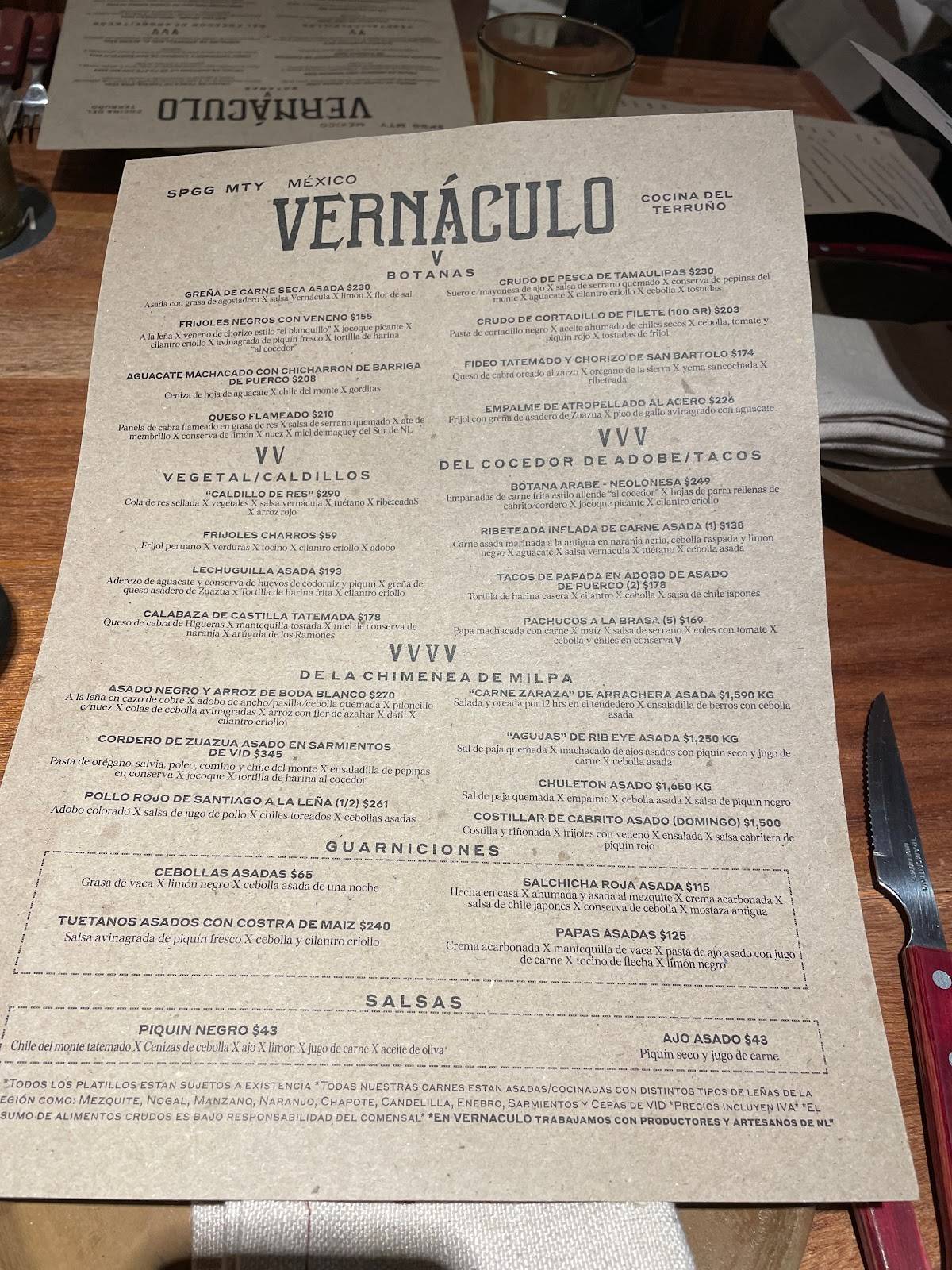 Carta del restaurante Vernáculo, San Pedro Garza García
