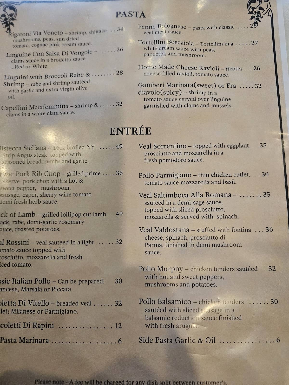 Menu at Via Veneto Italian Ristorante restaurant, Brick