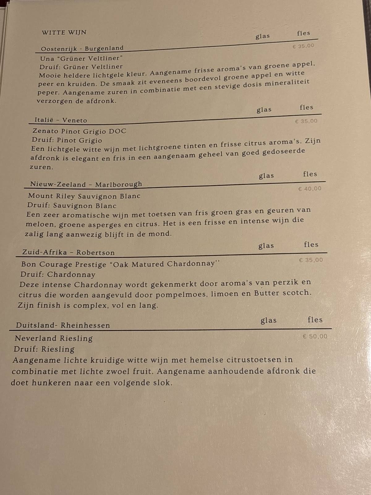 Menu at Victoria, Antwerp