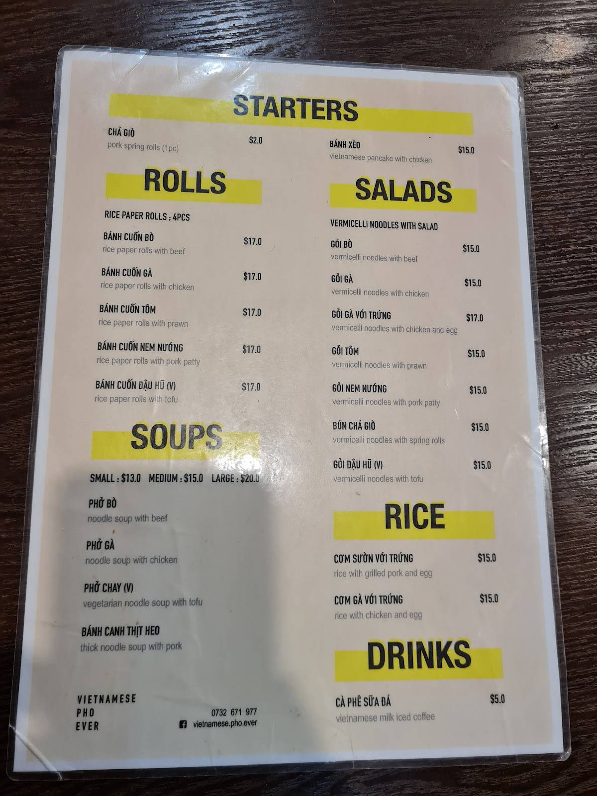Menu at Vietnamese Pho Ever restaurant, Banyo