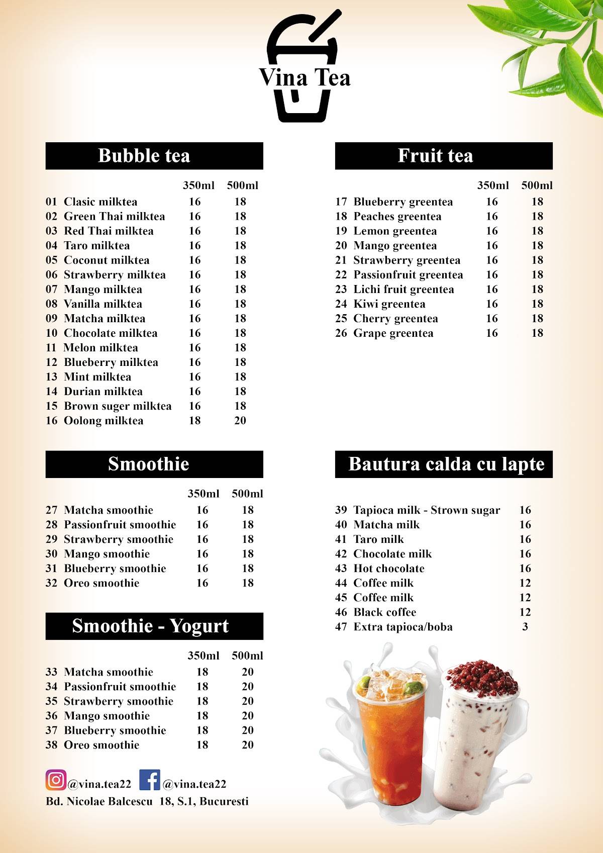 Menu at Vina Tea, Bucharest