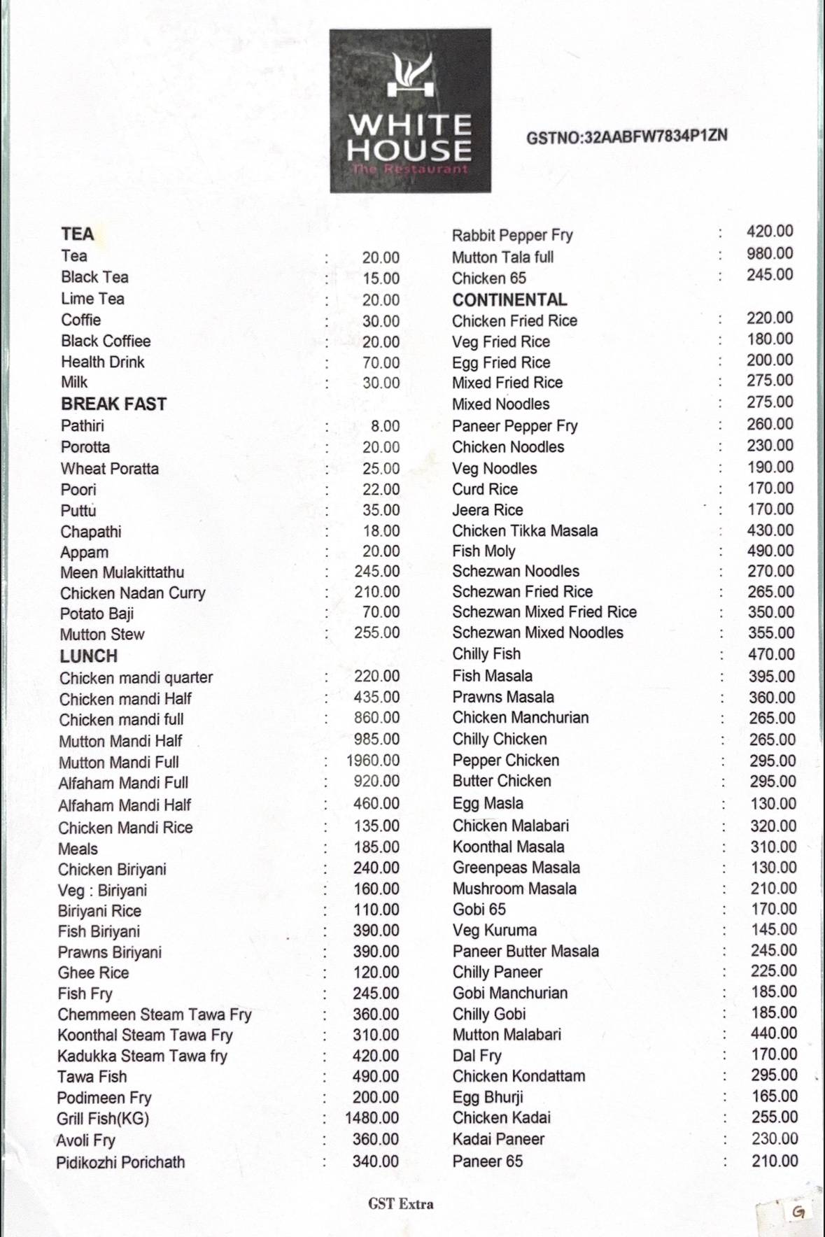 Menu at WHITE HOUSE RESTAURANT, Puduppadi