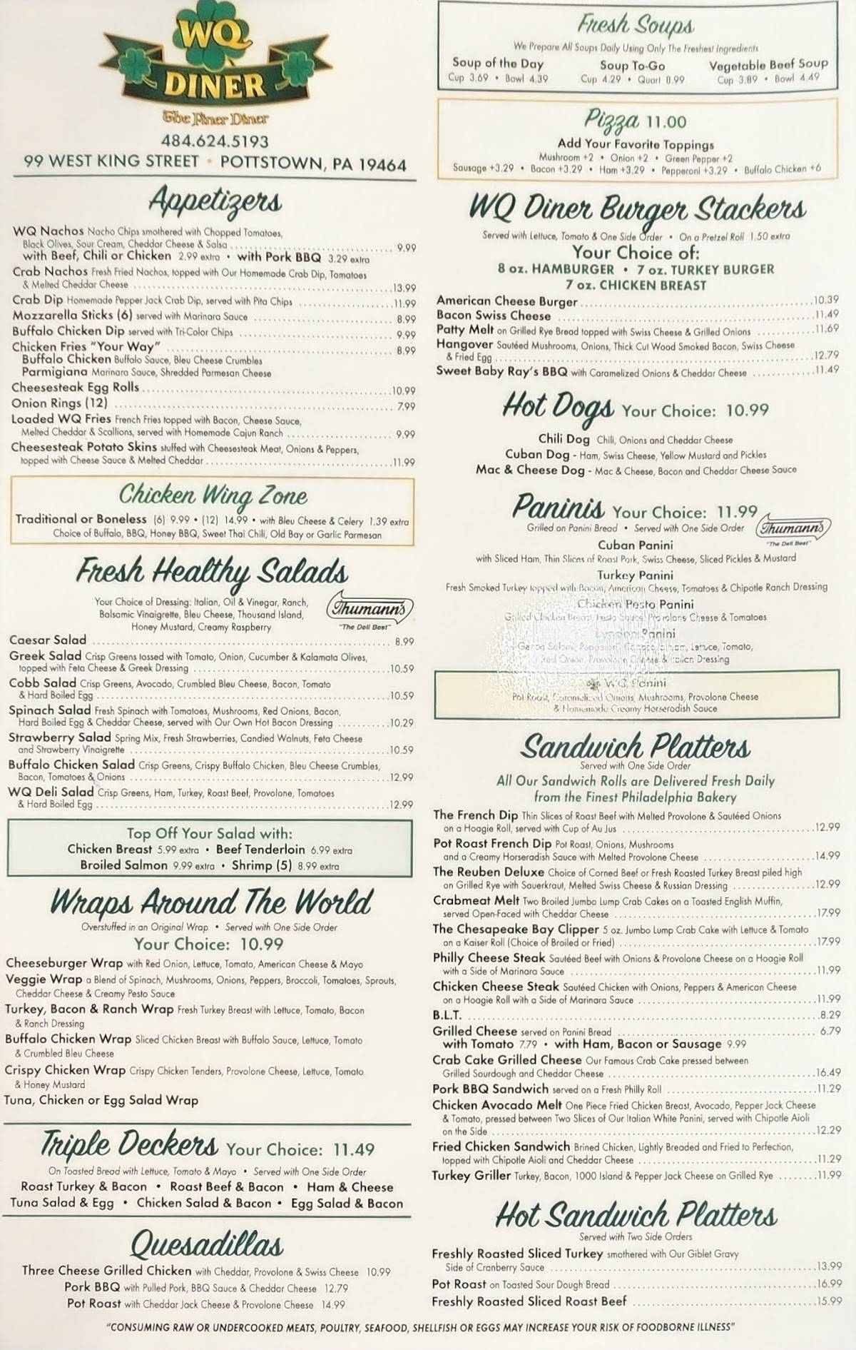 Menu at WQ Diner restaurant, Pottstown