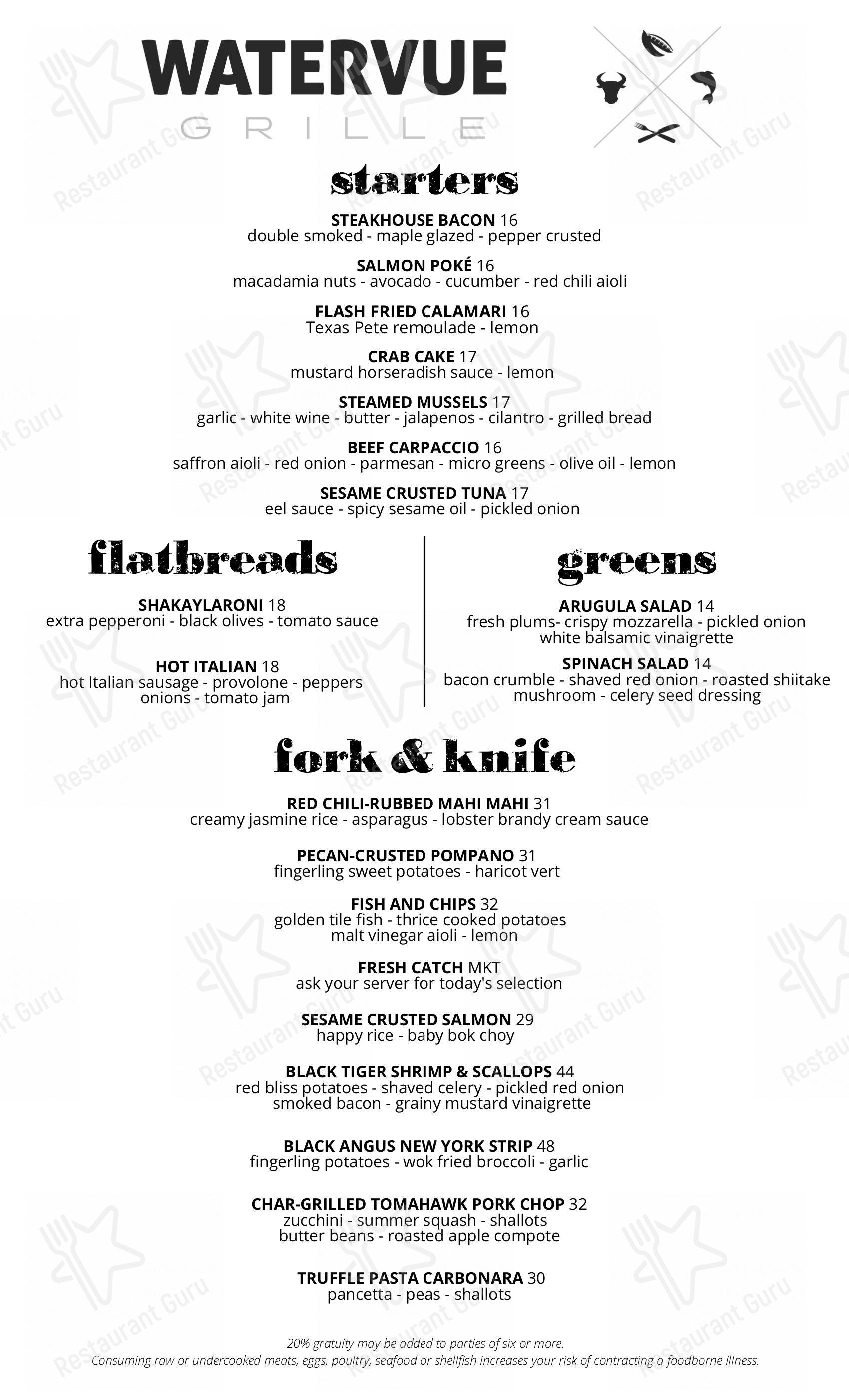 Menu at Watervue Grille- Downtown Tampa- Harbour Island restaurant, Tampa