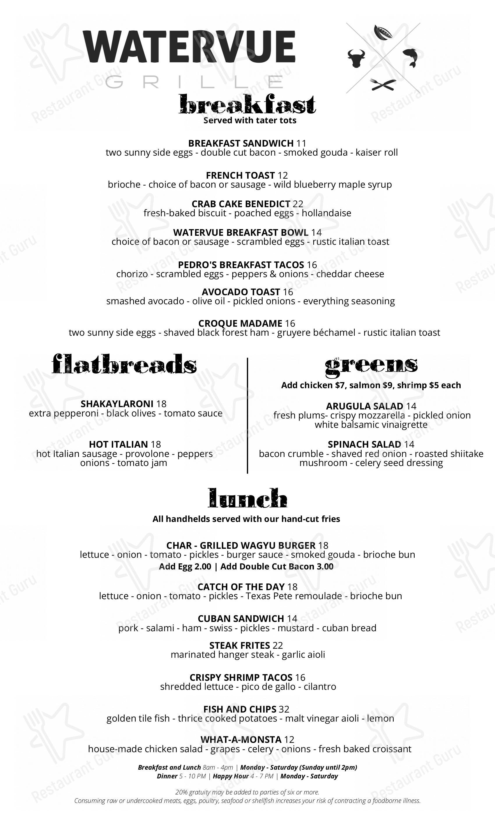 Menu at Watervue Grille- Downtown Tampa- Harbour Island restaurant, Tampa