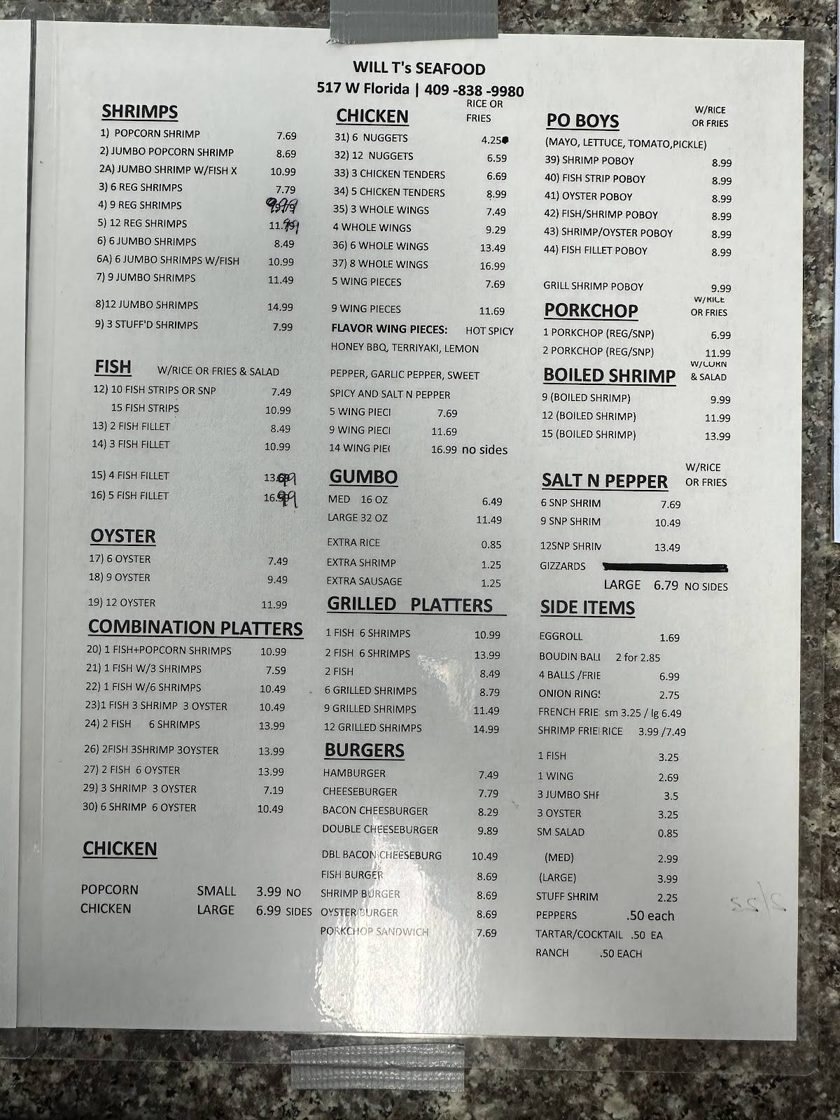 Menu at Will T's Seafood restaurant, Beaumont