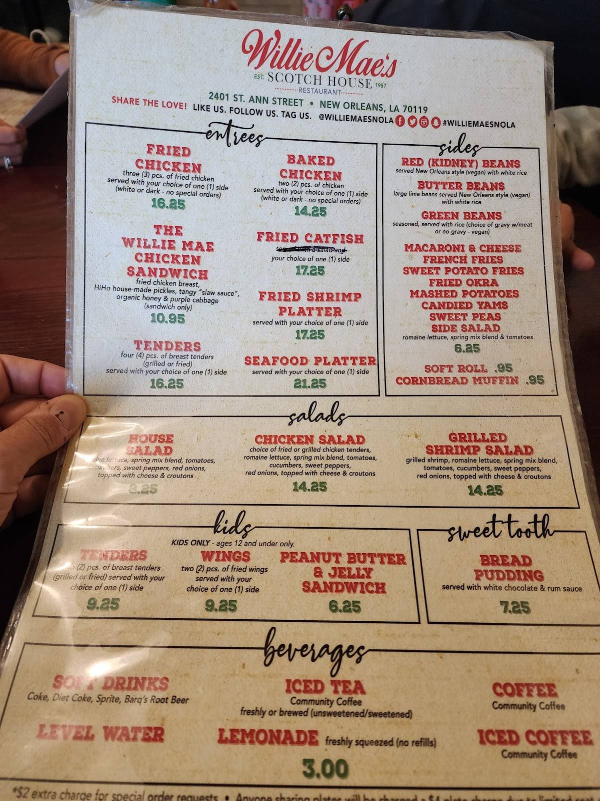 Menu at Willie Mae's Scotch House restaurant, New Orleans