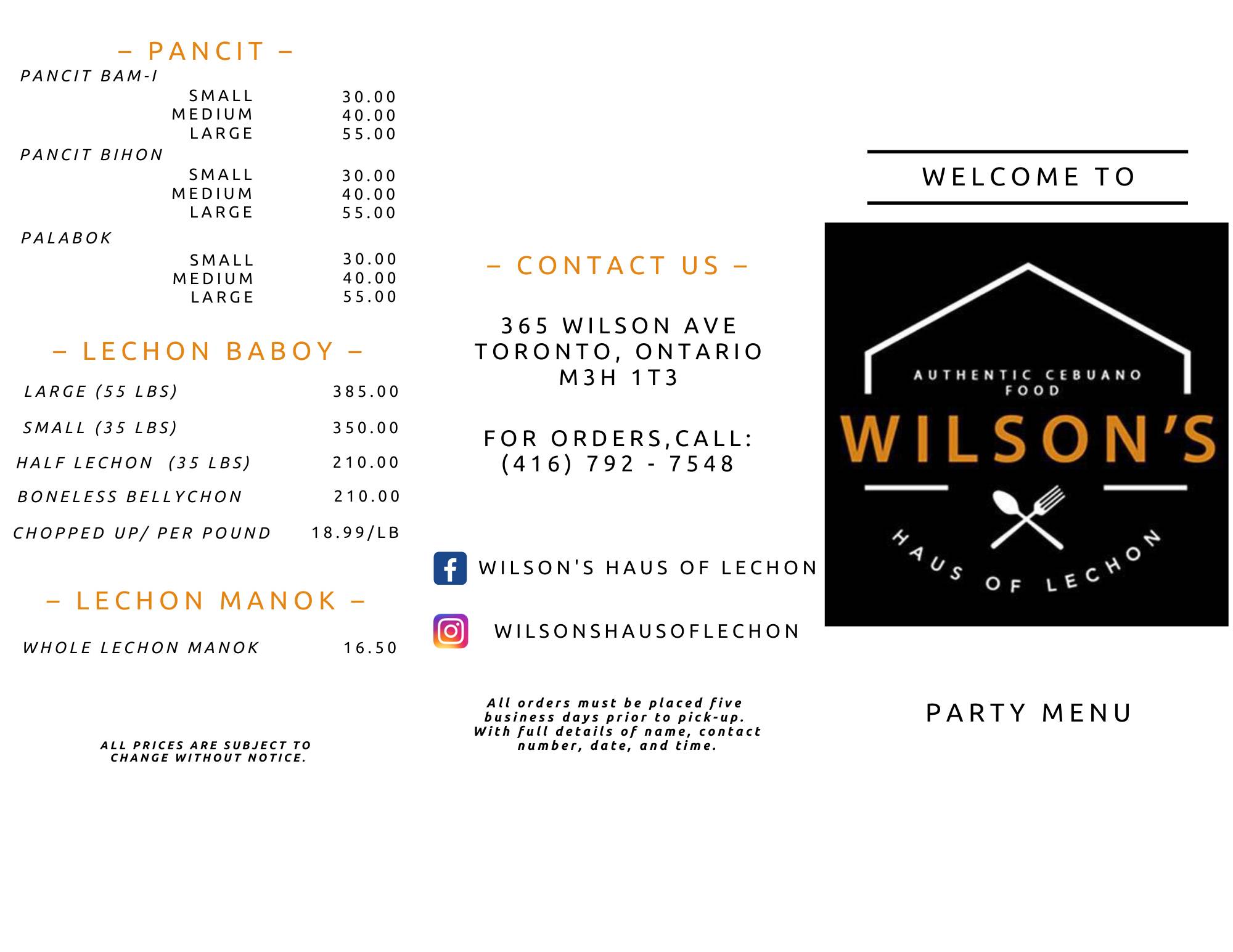 Menu at Wilson's Haus of Lechon - North York Branch restaurant, Toronto ...