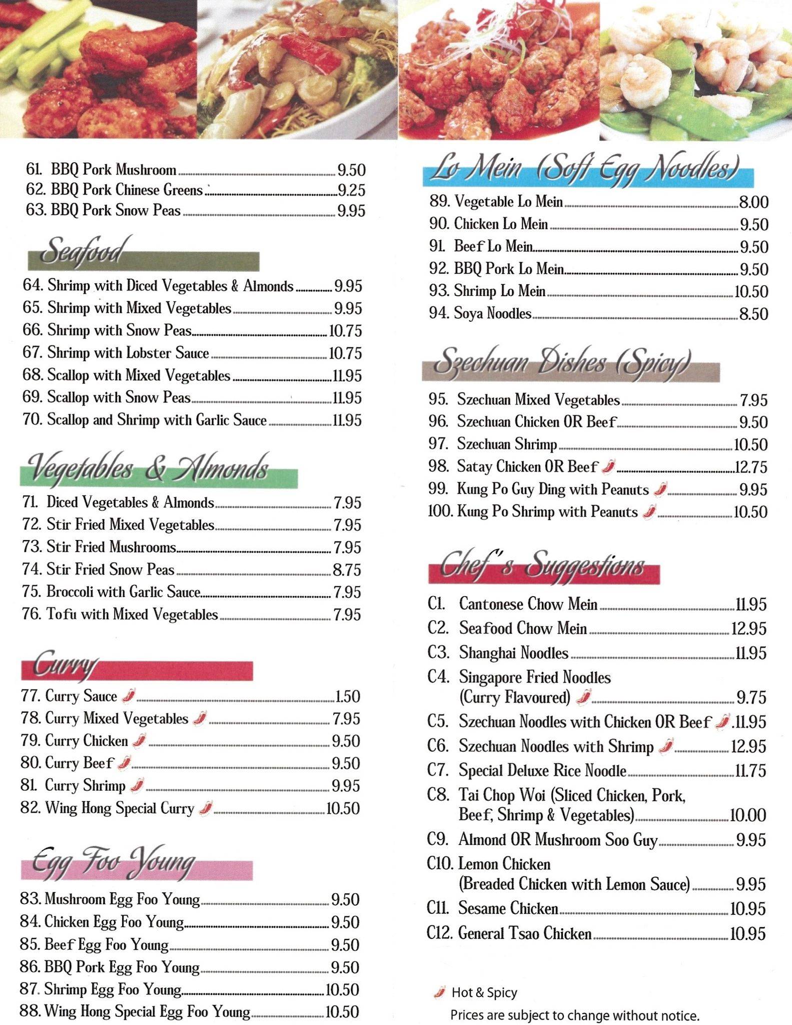 Menu at Wing Hong Restaurant, Goderich