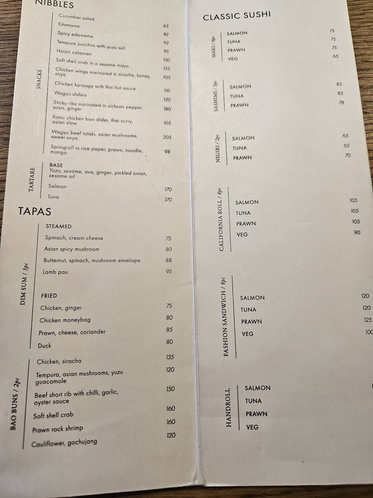 Menu at YU Restaurant, Cape Town