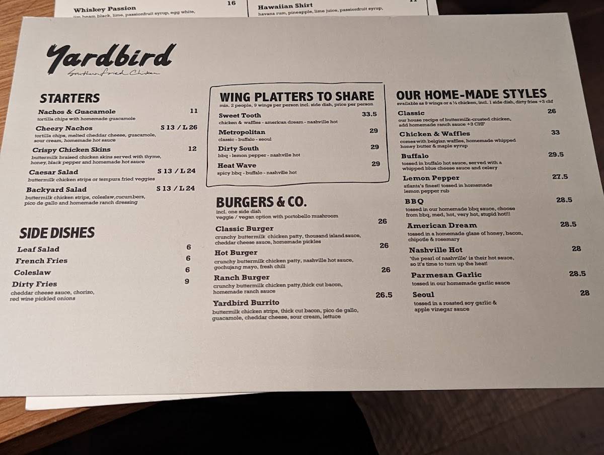 Menu at Yardbird Southern Fried Chicken, Basel