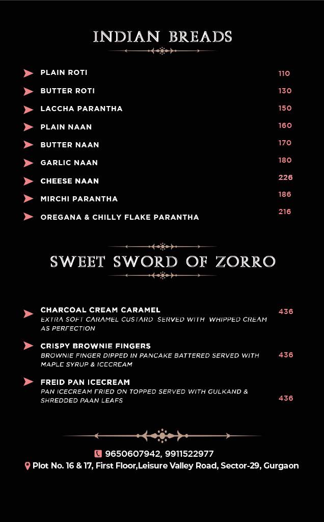 Menu at Zorro, Gurugram