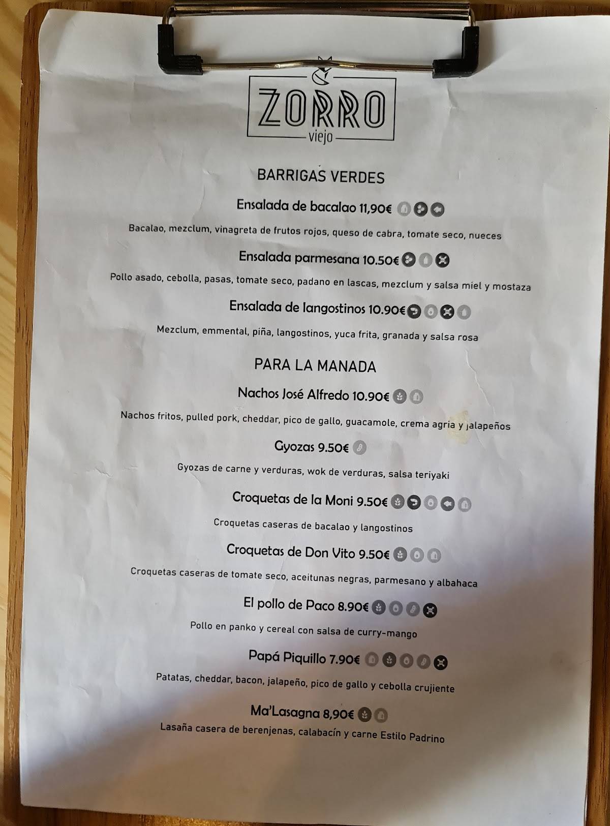 Carta del restaurante Zorro Viejo Huelva, Huelva