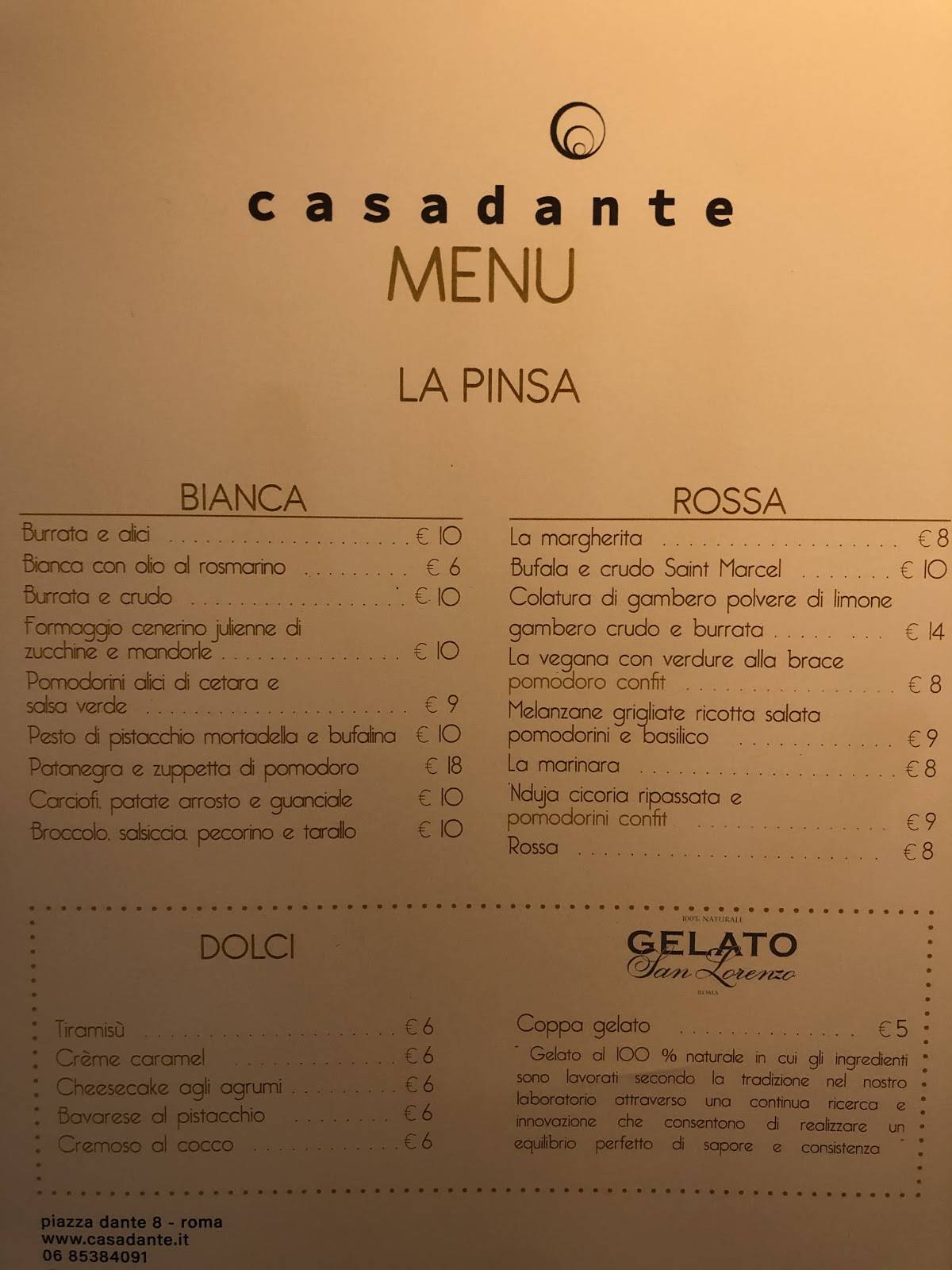 Menu at casadante restaurant, Rome
