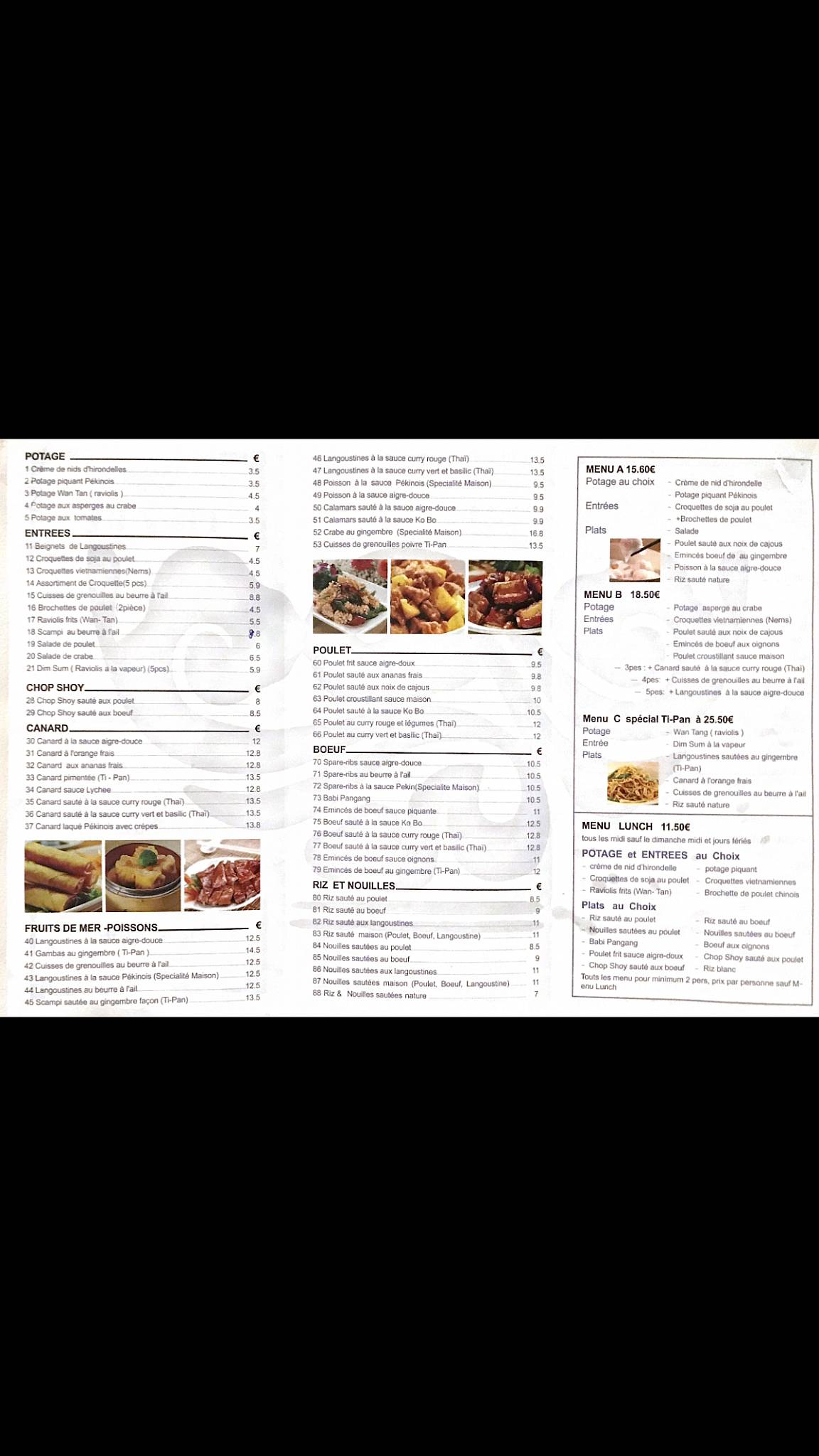Menu au Restaurant chez wu, Ans