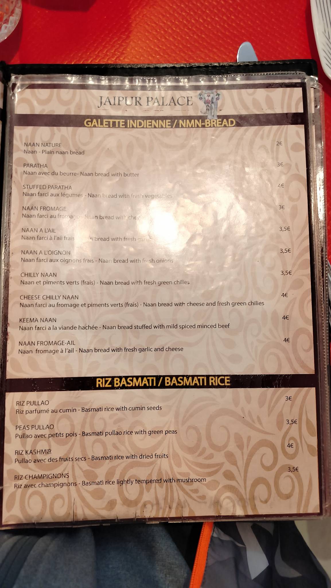 Menu au Restaurant indien Jaipur Palace, Arles