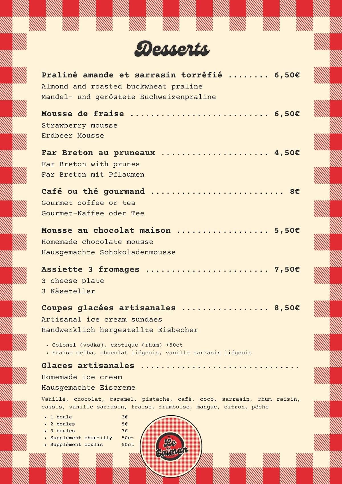 Menu au Restaurant le Caïman, Ploudalmézeau