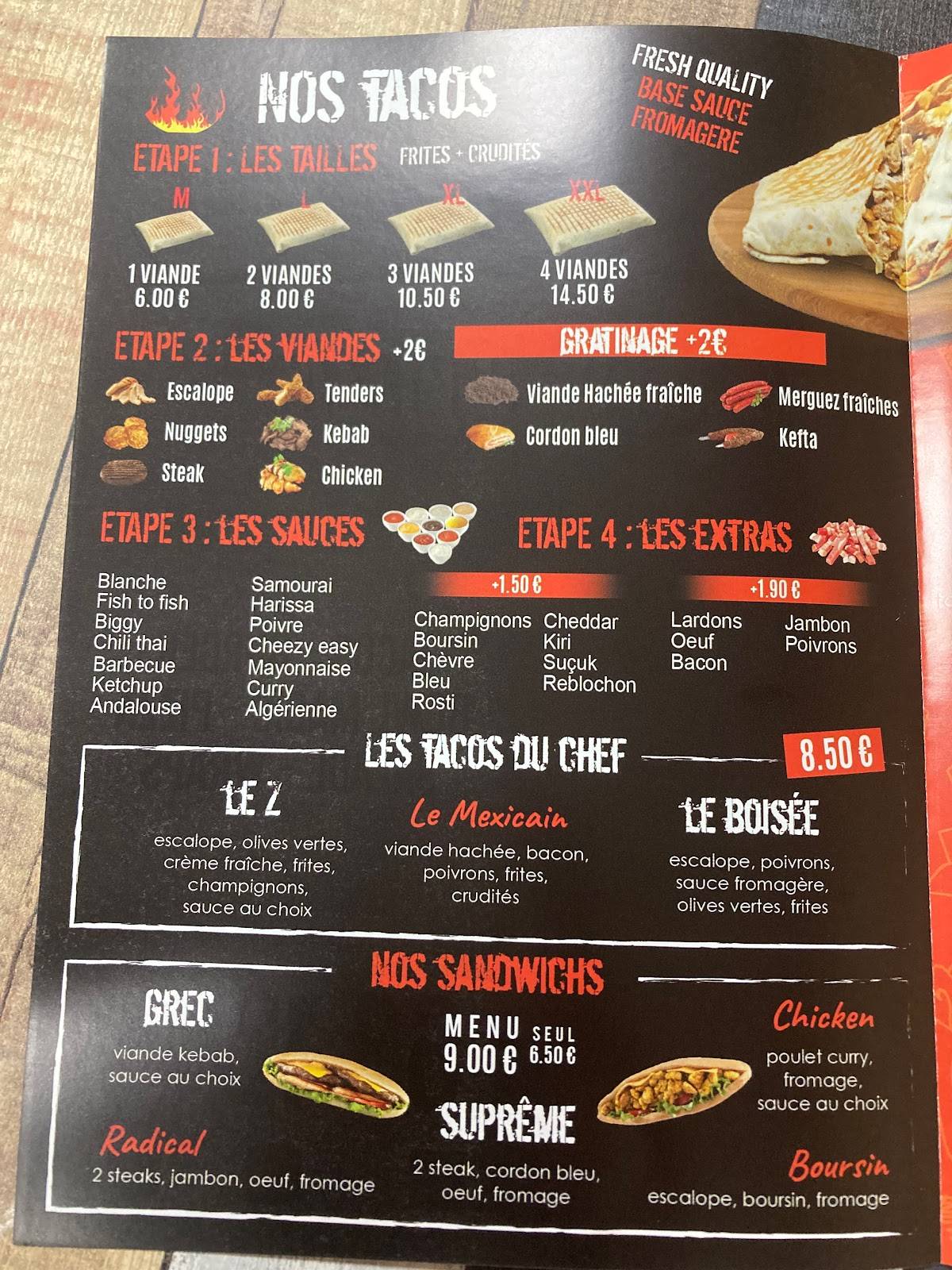 Menu au wood fired pizza restaurant, Montceau-les-Mines