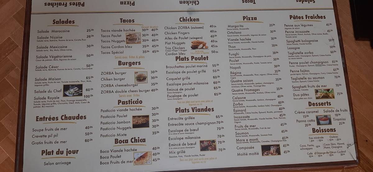 Menu au Restaurant zorba, Casablanca