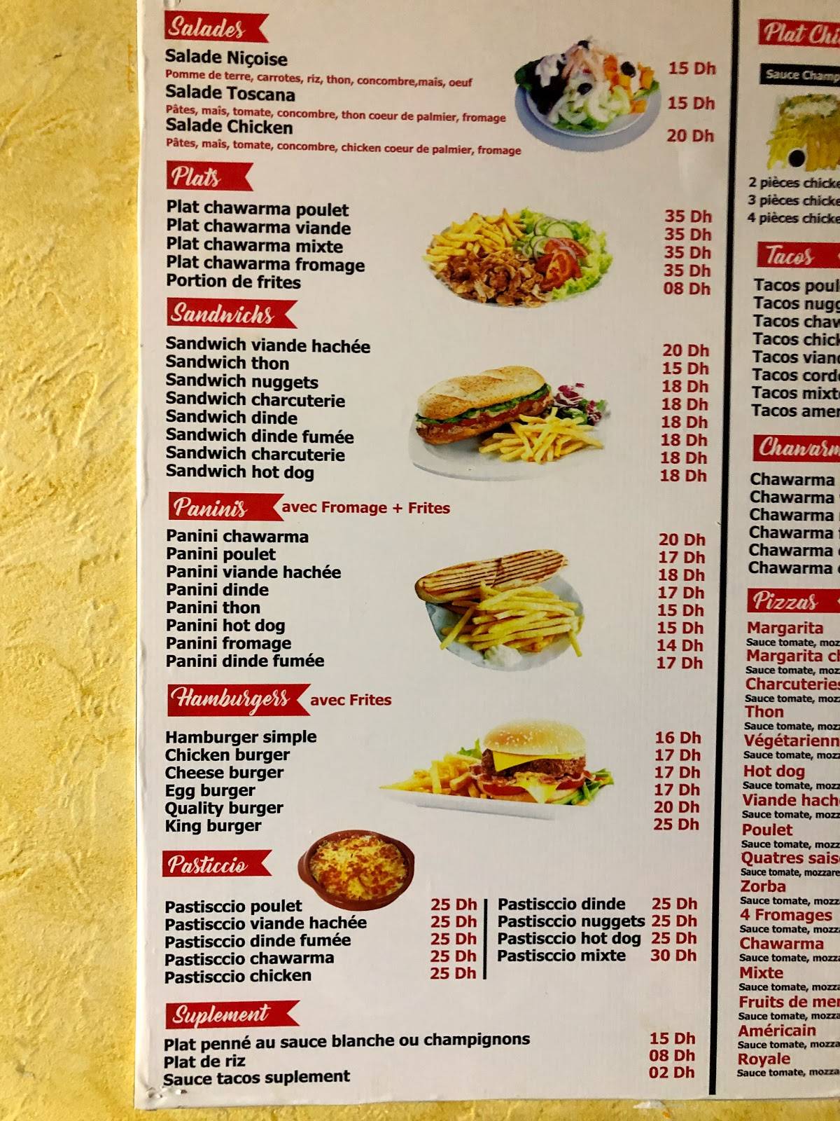 Menu au Restaurant zorba, Casablanca