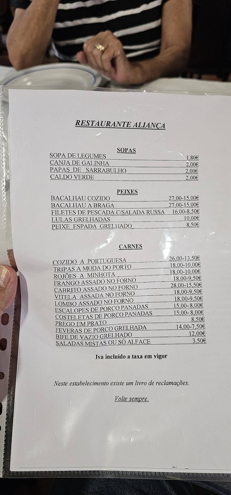 Menu em Restaurante Aliança, Matosinhos, R. Godinho 408