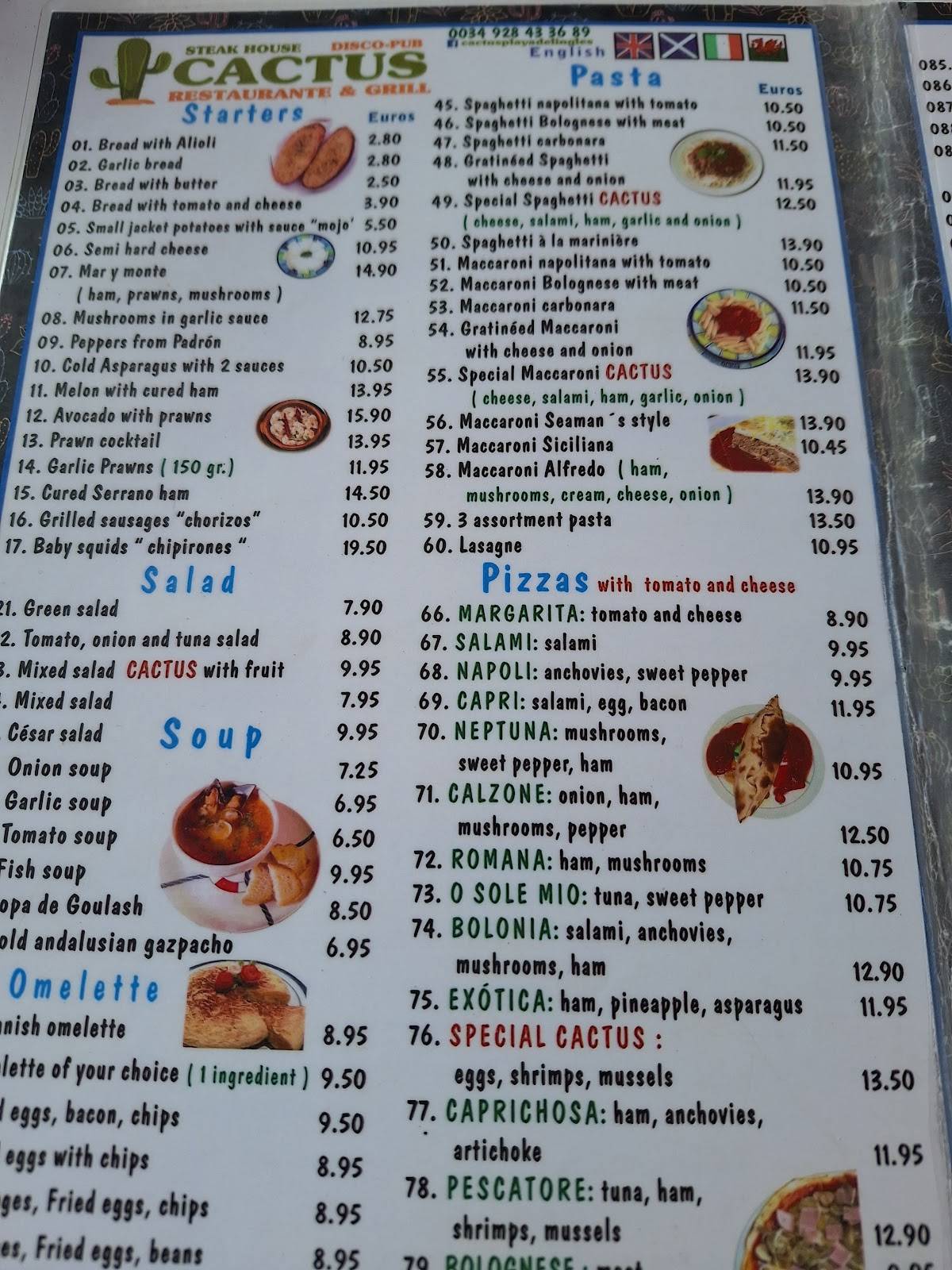 Menu at Restaurante Cactus, Maspalomas