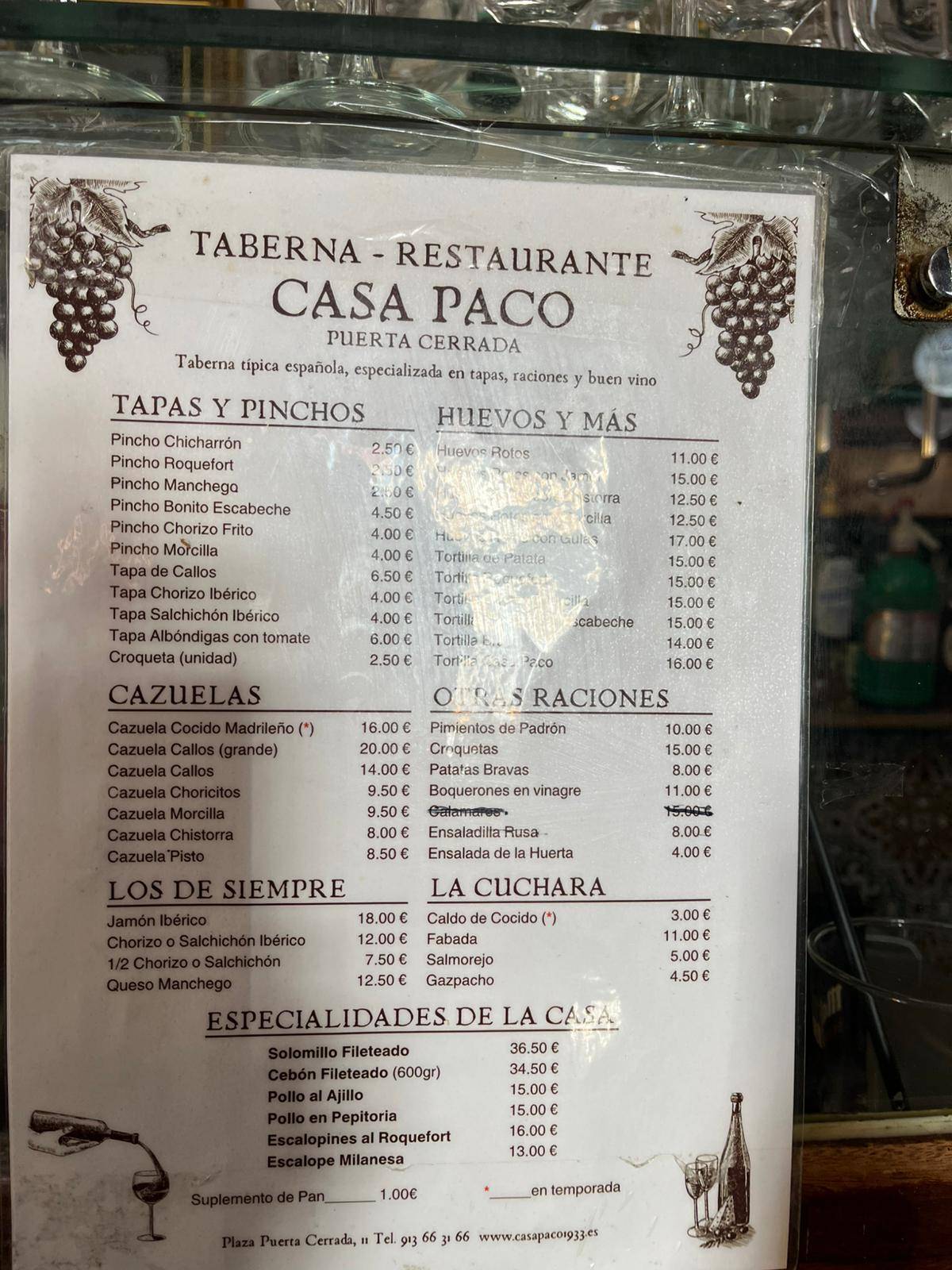 Carta de Restaurante Casa Paco, Madrid, Pl. de Prta Cerrada