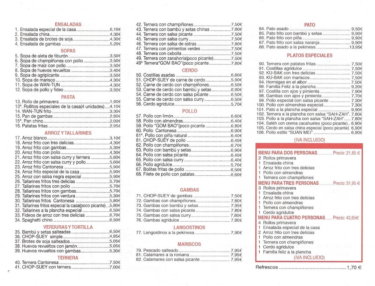 Carta de Restaurante Chino Xing Yuan, Almería