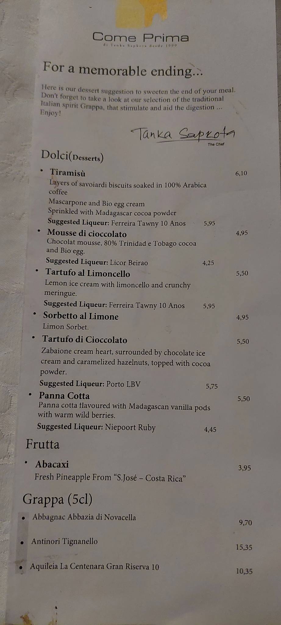 Menu at Restaurante Come Prima, Lisbon