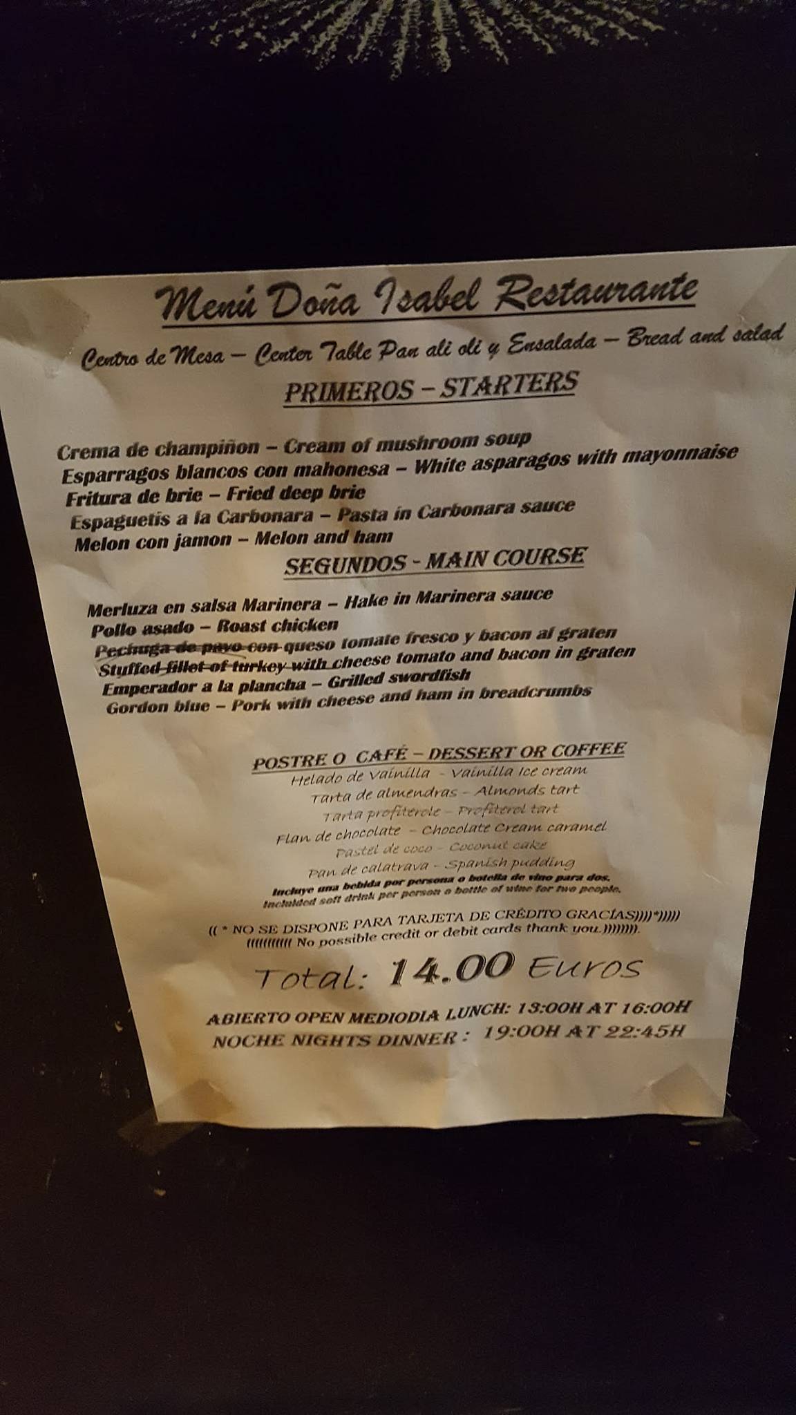 Menu at Restaurante Doña Isabel, San Miguel de Salinas