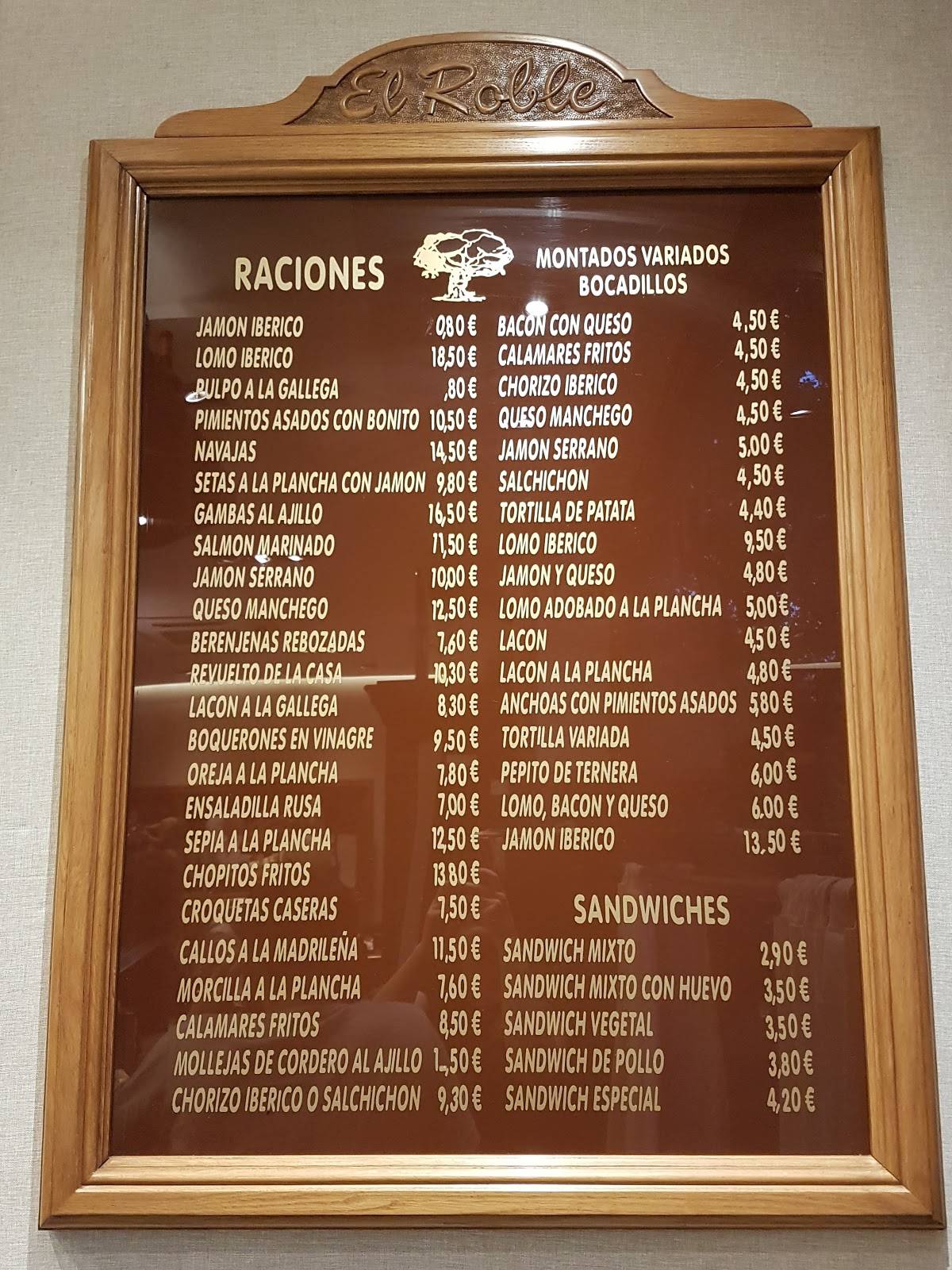 Carta del restaurante El Roble, Madrid, C. del Fray Luis del León