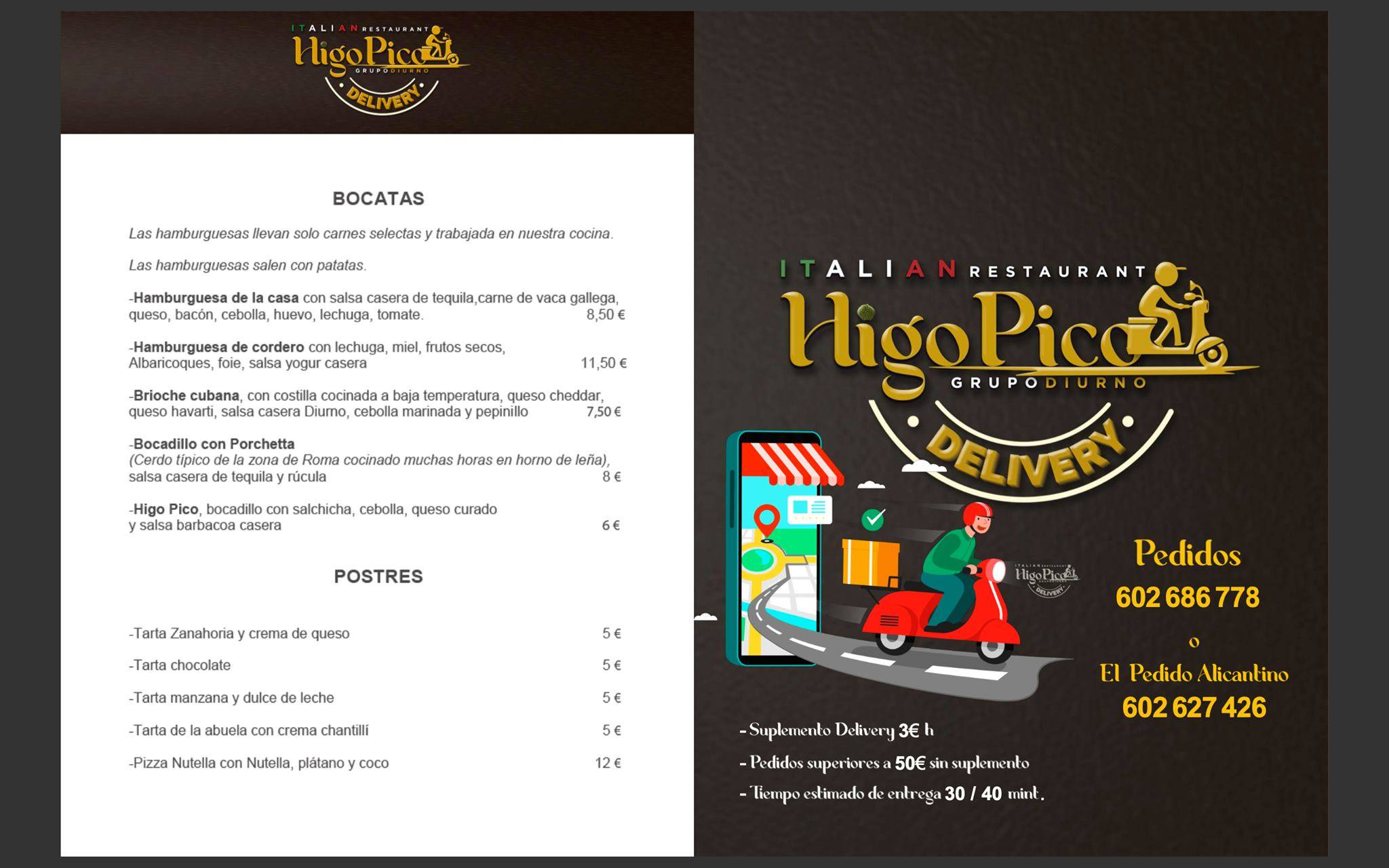 Carta de Restaurante Higo Pico, Alicante