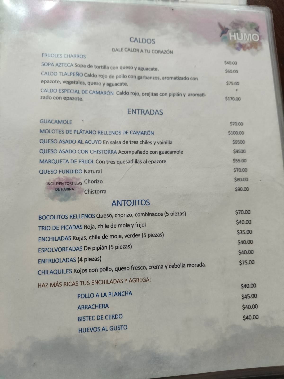 Carta de Restaurante Humo, Papantla de Olarte