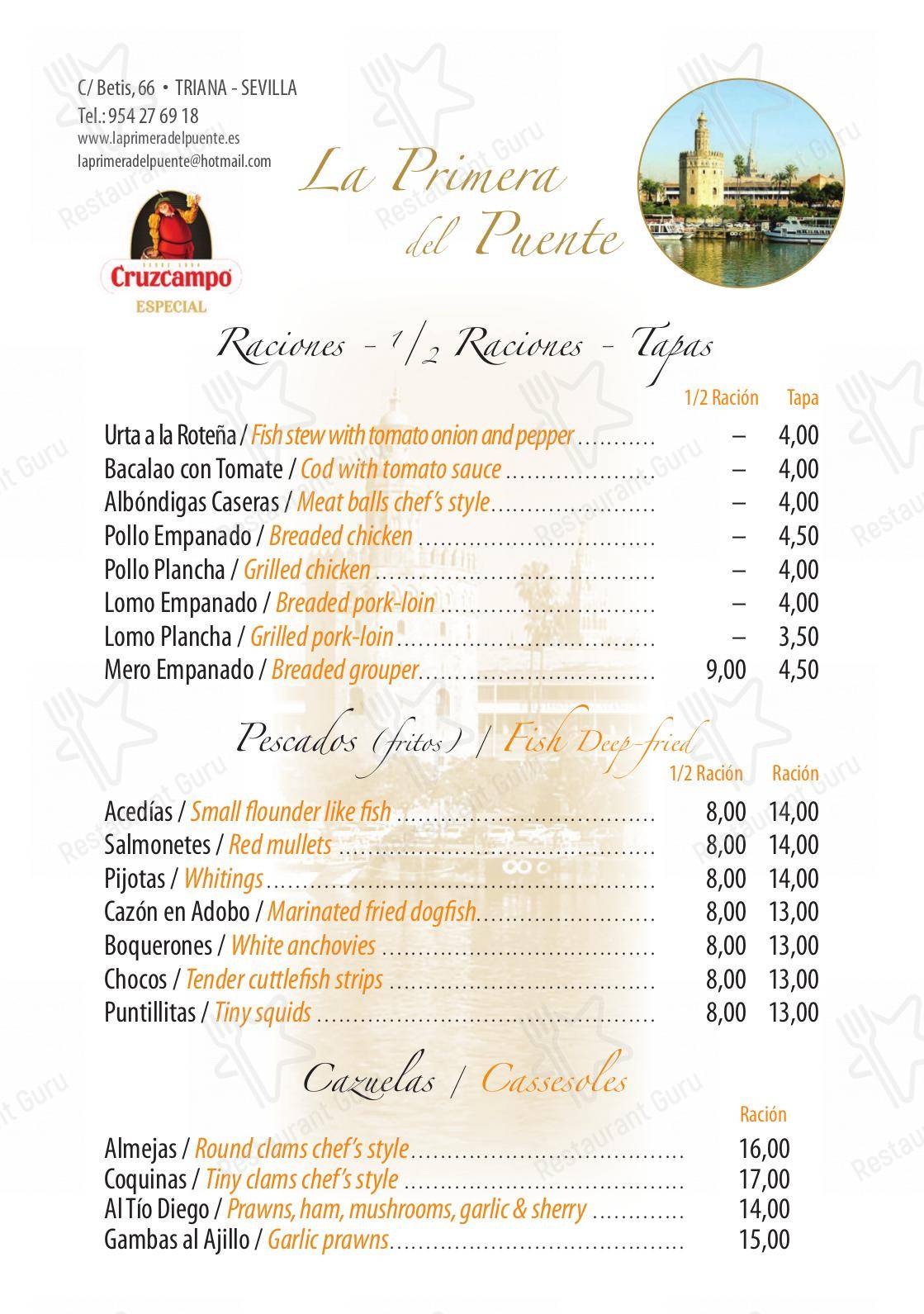Carta de Restaurante La Primera Del Puente, Sevilla